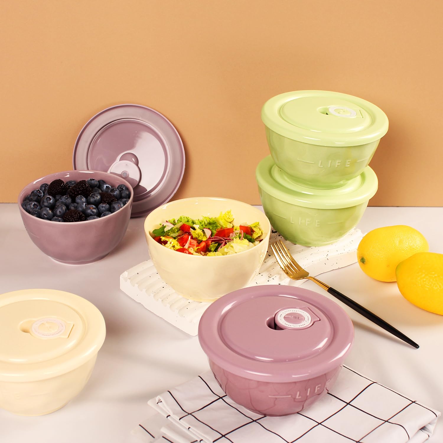 LIUYWYHCF Ceramic Storage Food Containers with Lids (12 Pieces Total) Set of 6, Ceramic Meal Prep Containers, Airtight lunch Containers with Lids - Microwave and Freezer Safe, Round
