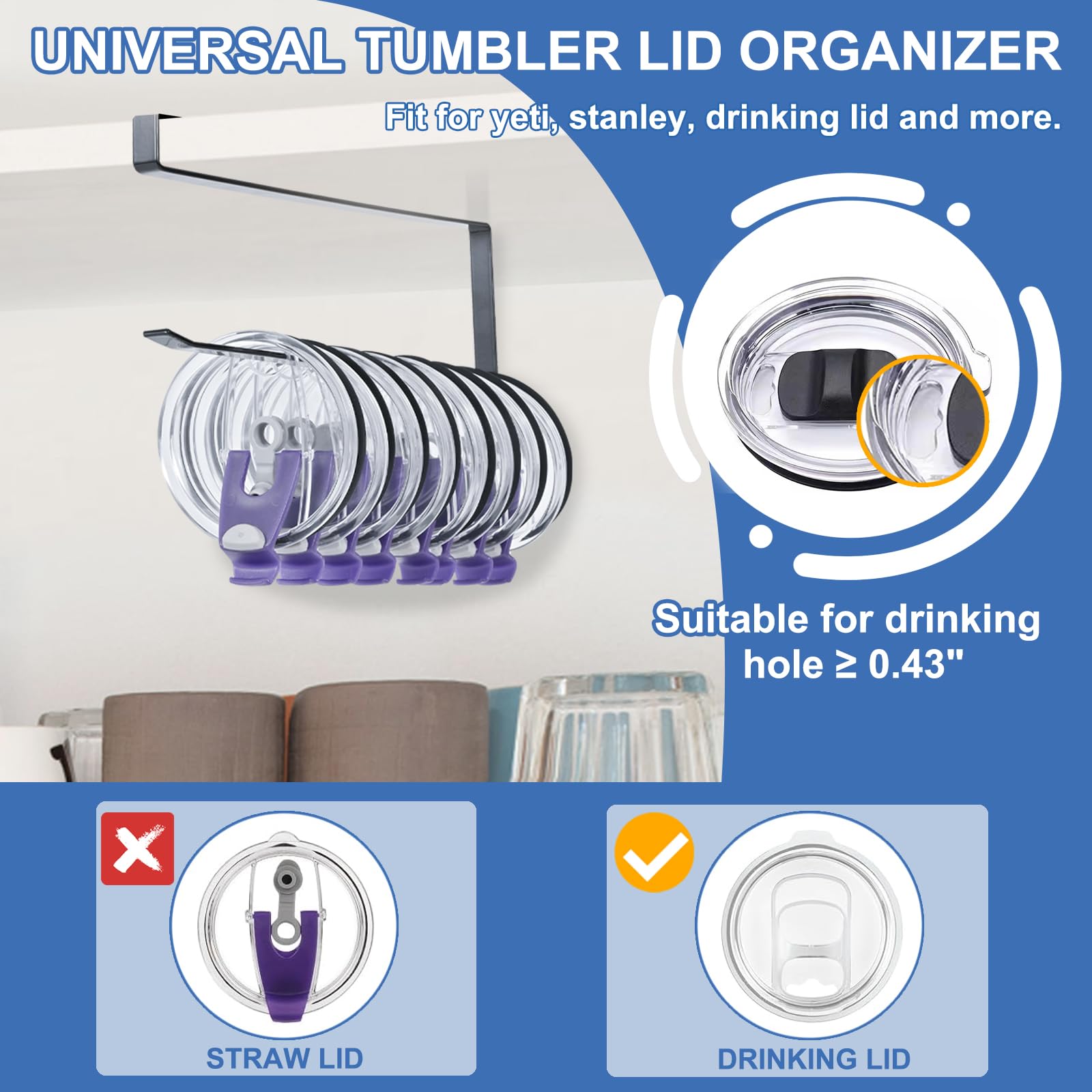 Xlajiao 2 Pack Tumbler Lid Organizer, Premium Tumbler Lid Storage Hook Up to 20 Lids, Space Saving Cup Lid Holders Under Cabinet Tumbler Lid Hook for Kitchen Organizer, No Adhesive No Drill (Black)