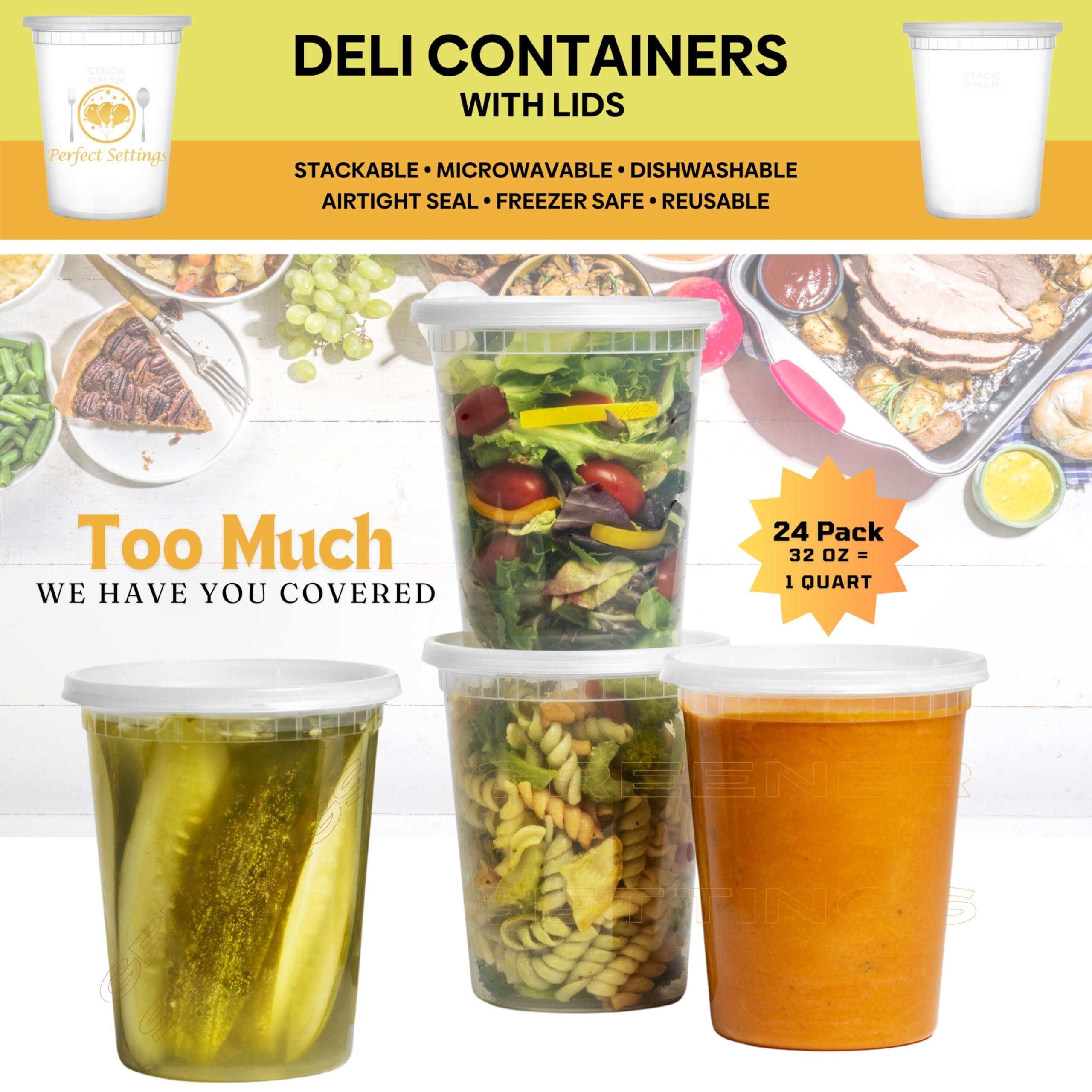 Perfect Settings 32oz Deli Containers with Lids - 24 Sets Quart Freezer Storage Containers - Leakproof, Stackable, Microwave Safe Soup Storage Plastic Soup Containers for Meal Prep Leftovers Takeout