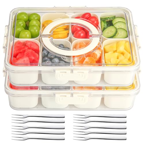 Snackle Box Container, Divided Serving Tray with Lid and Handle, 8 Compartments Serving Platters and 10 Stainless Steel Forks, Perfect for Organizing and Storing Candy, Fruits, Nuts, Snacks