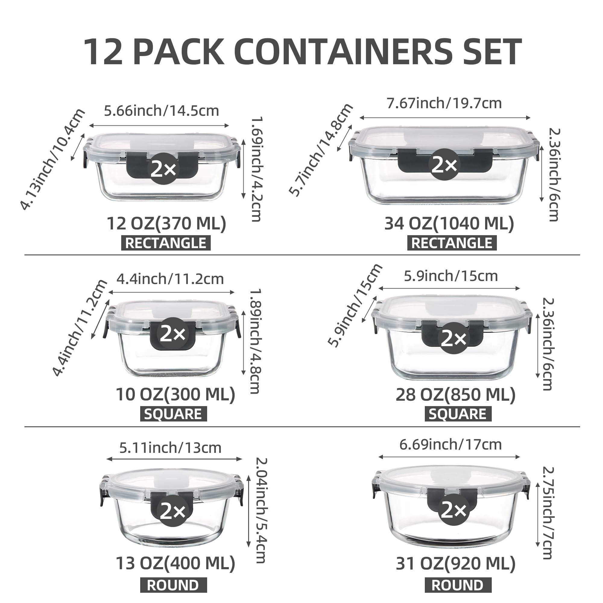 C CREST Food Storage Glass Containers Set of 12 with Locking Lids, Multi-Size, Airtight Seal for Freshness, Perfect for Meal Prep and Storage