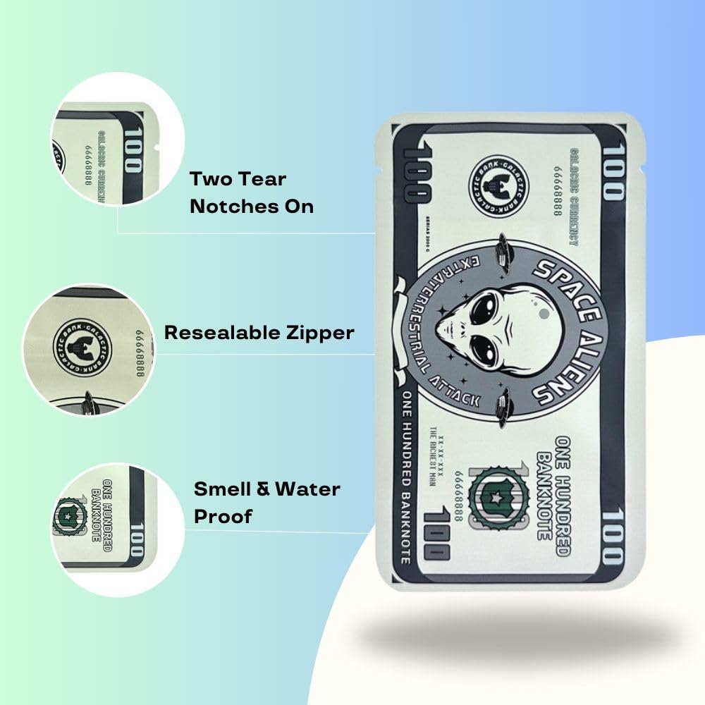 Generic 100 Pack Money Designed Space Aliens Storage Baggies Resealable 3.5 Gram Snack Candy Bags 3.15 x 5.5 inches