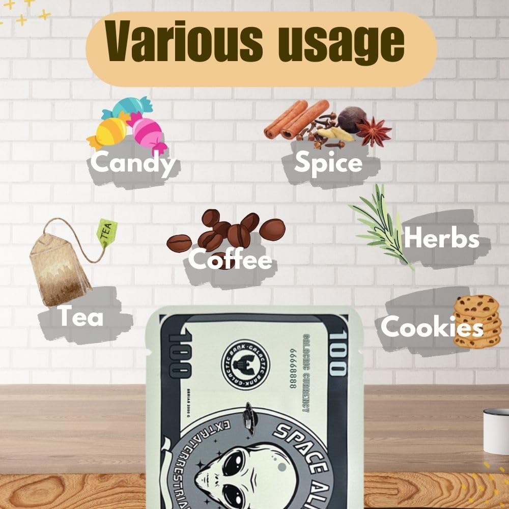 Generic 100 Pack Money Designed Space Aliens Storage Baggies Resealable 3.5 Gram Snack Candy Bags 3.15 x 5.5 inches