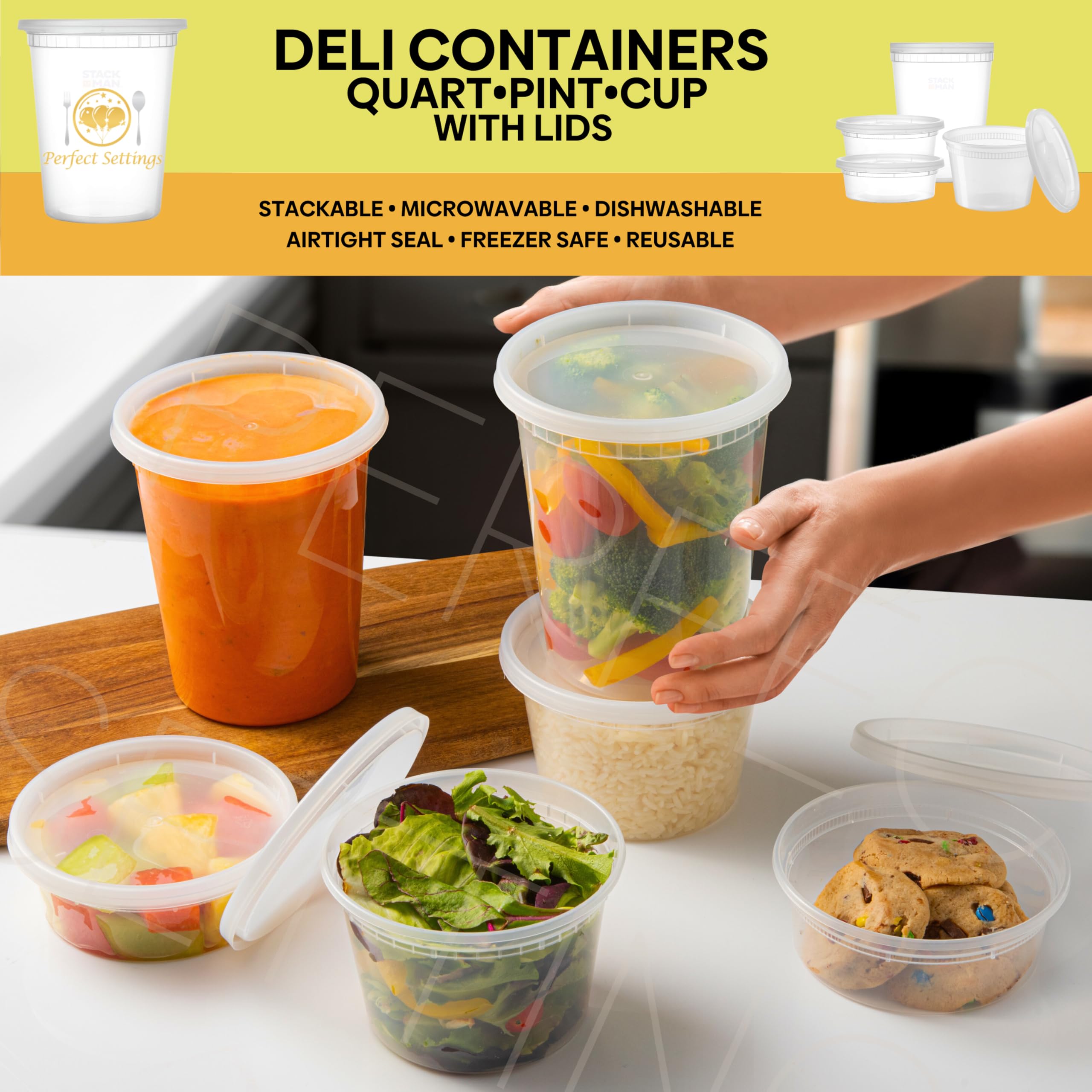 Perfect Settings 32oz Deli Containers with Lids - 24 Sets Quart Freezer Storage Containers - Leakproof, Stackable, Microwave Safe Soup Storage Plastic Soup Containers for Meal Prep Leftovers Takeout