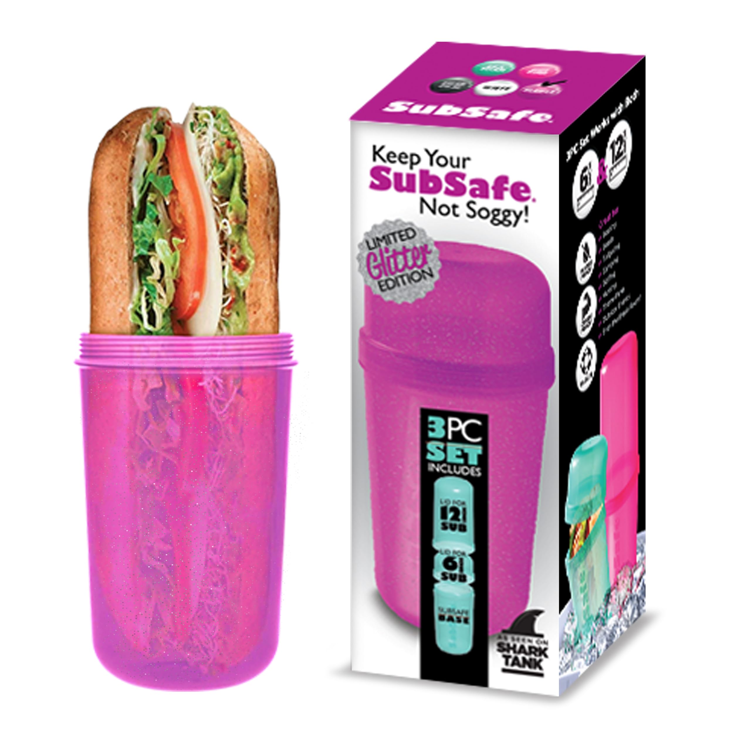 SubSafe Sub Sandwich Waterproof Food Storage Container, BPA-Free Plastic,Neon Purple with Glitter