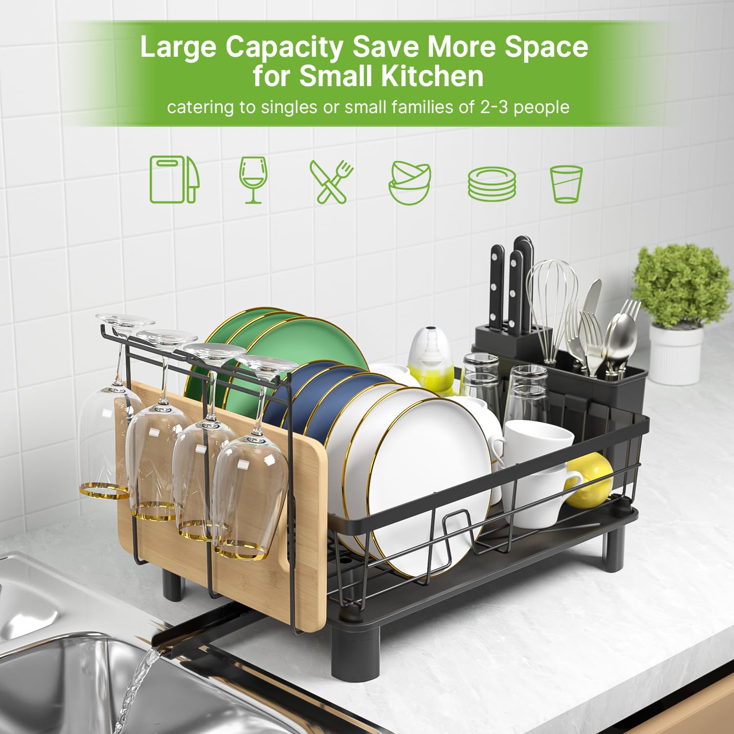 Dish Drying Rack - Stainless Steel Dish Rack for Kitchen Counter, Dish Drainer with Utensil Holder, Space-Saving, Rust-Resistant Dish Rack for Dishes, Glasses, and Cutting Board, 12''W x 15''L, Black