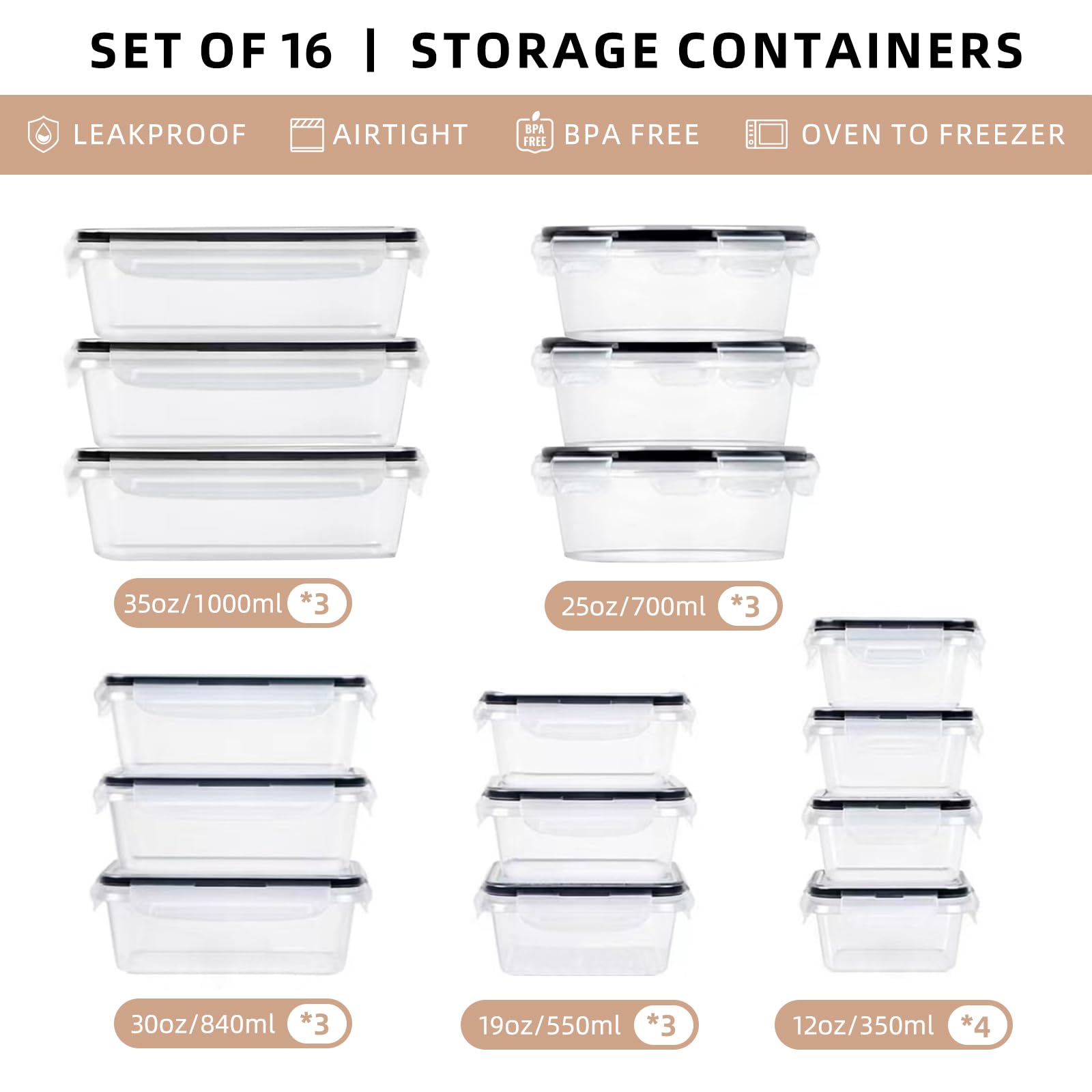 ECO-TOGO 360oz Airtight Plastic Food Storage Containers with Lids (16-Pack 360oz)