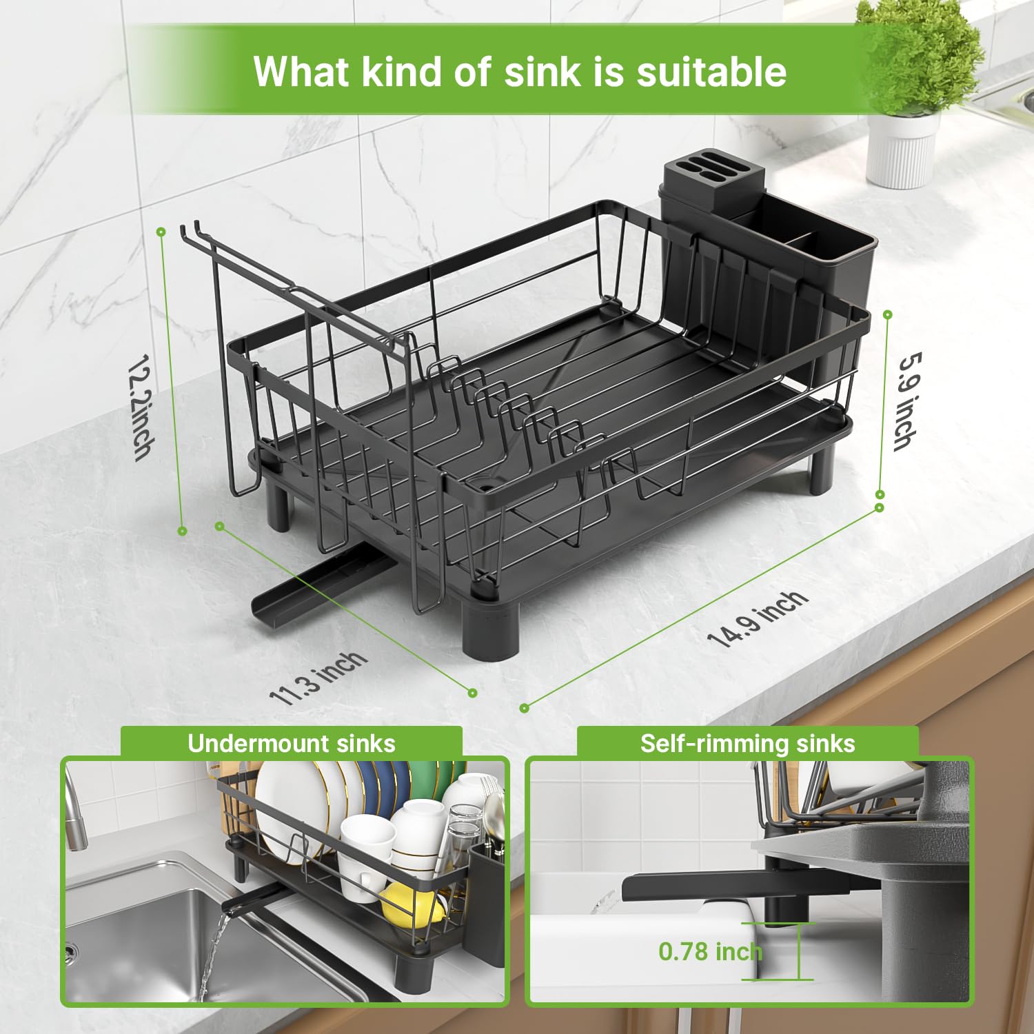 Dish Drying Rack - Stainless Steel Dish Rack for Kitchen Counter, Dish Drainer with Utensil Holder, Space-Saving, Rust-Resistant Dish Rack for Dishes, Glasses, and Cutting Board, 12''W x 15''L, Black