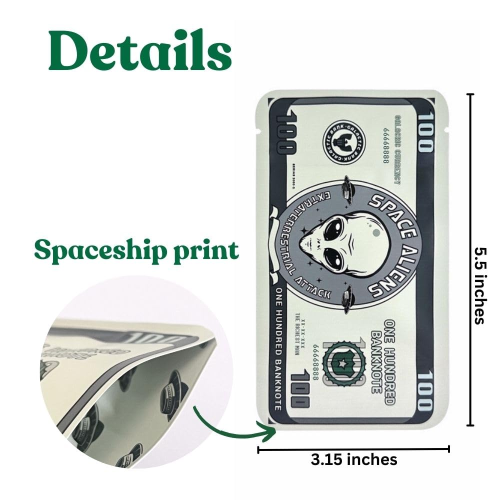 Generic 100 Pack Money Designed Space Aliens Storage Baggies Resealable 3.5 Gram Snack Candy Bags 3.15 x 5.5 inches