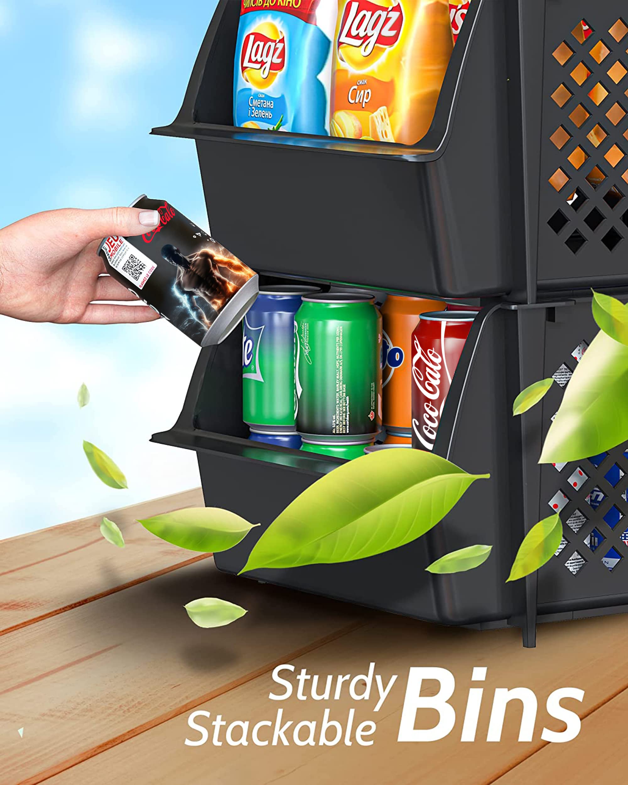 Skywin Plastic Stackable Storage Bins for Pantry - Stackable Bins For Organizing Food, Kitchen, and Bathroom Essentials (Black - 8 Pack)