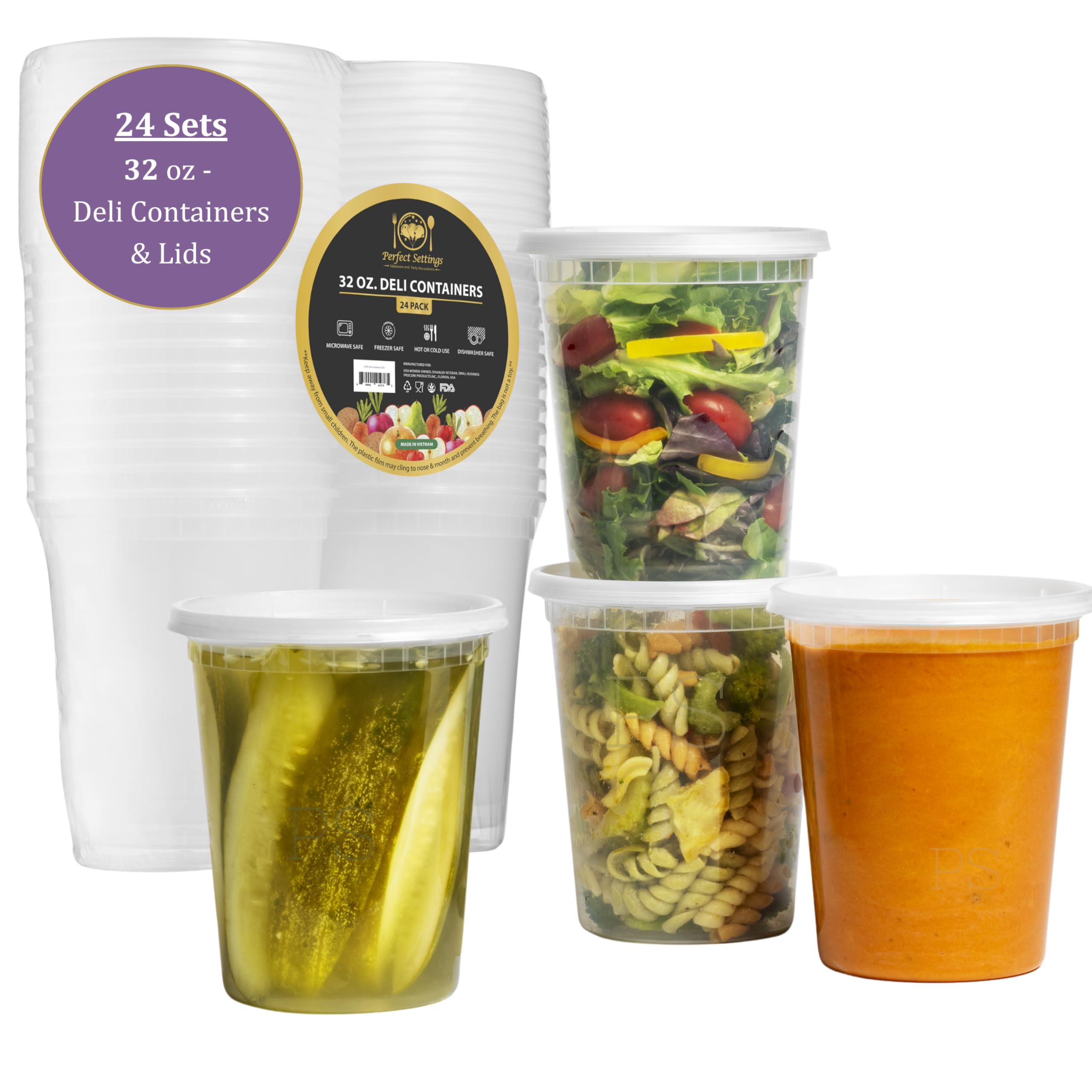 Perfect Settings 32oz Deli Containers with Lids - 24 Sets Quart Freezer Storage Containers - Leakproof, Stackable, Microwave Safe Soup Storage Plastic Soup Containers for Meal Prep Leftovers Takeout