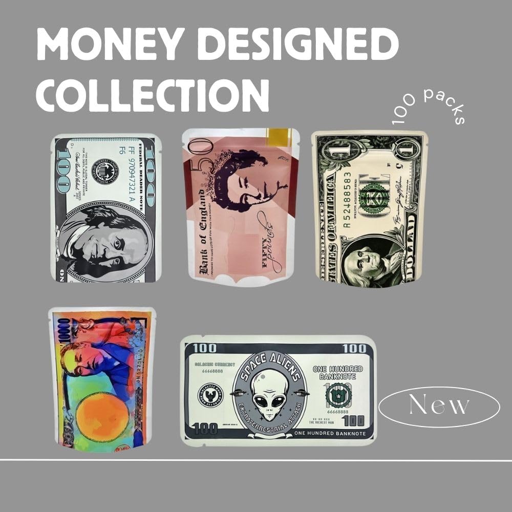 Generic 100 Pack Money Designed Dollars Japanese Yen Storage Baggies Resealable 3.5 Gram Snack Candy Bags 3.5 x 4.75 inches