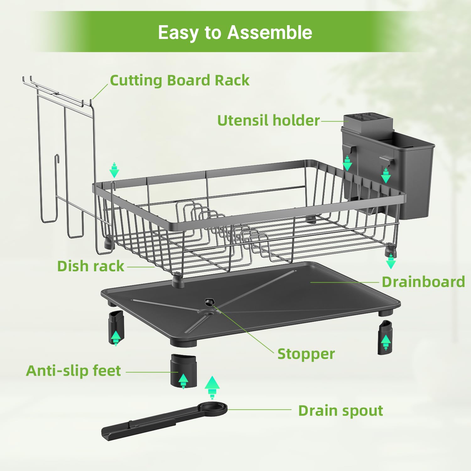 Dish Drying Rack - Stainless Steel Dish Rack for Kitchen Counter, Dish Drainer with Utensil Holder, Space-Saving, Rust-Resistant Dish Rack for Dishes, Glasses, and Cutting Board, 12''W x 15''L, Black