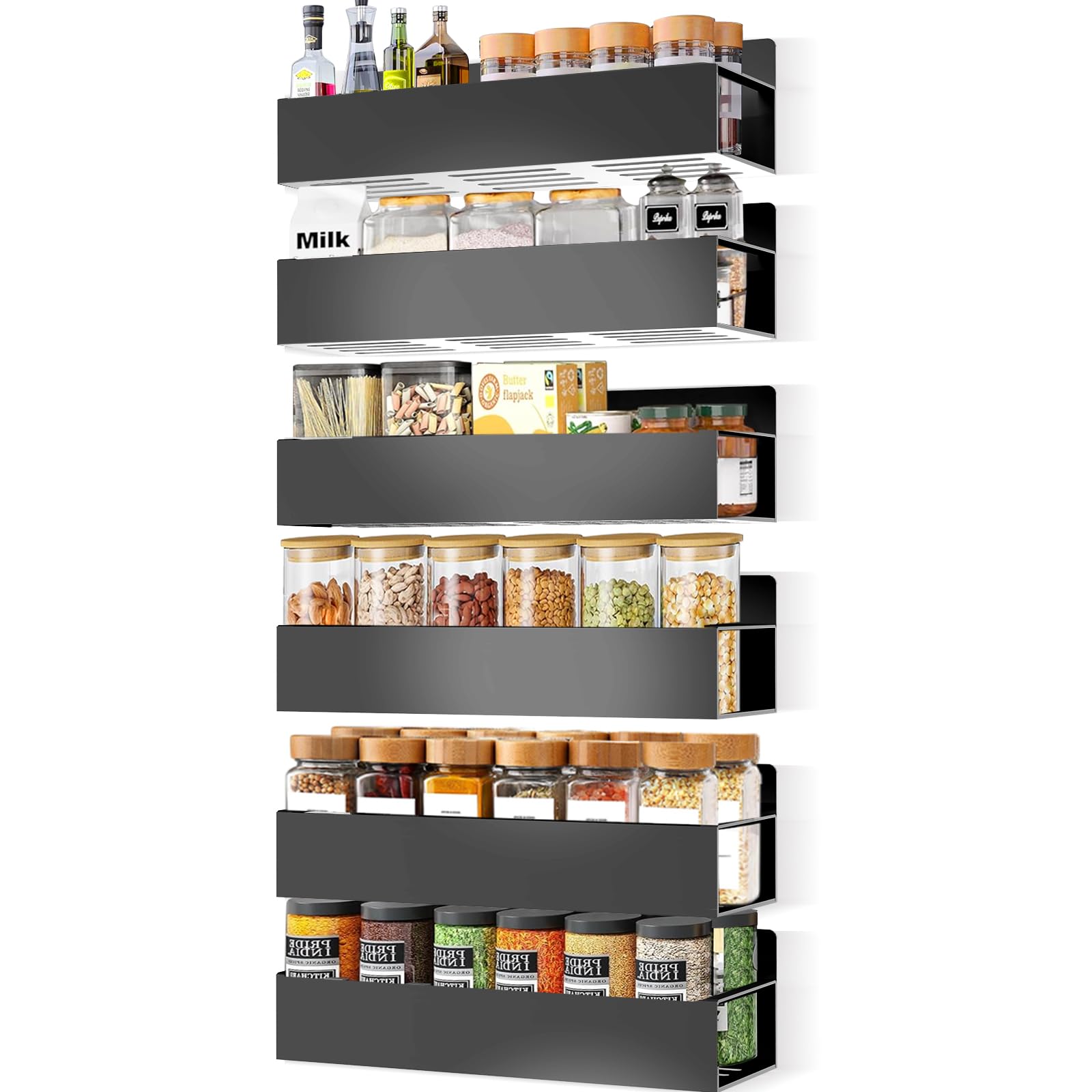 SMRCAD Magnetic Spice Rack Organizer for Fridge Seasoning Organizer for Kitchen storage with Screw or Adhesive Hanging,Magnetic Shelf with Hook for Refrigerator and Oven (Black, 6pack)