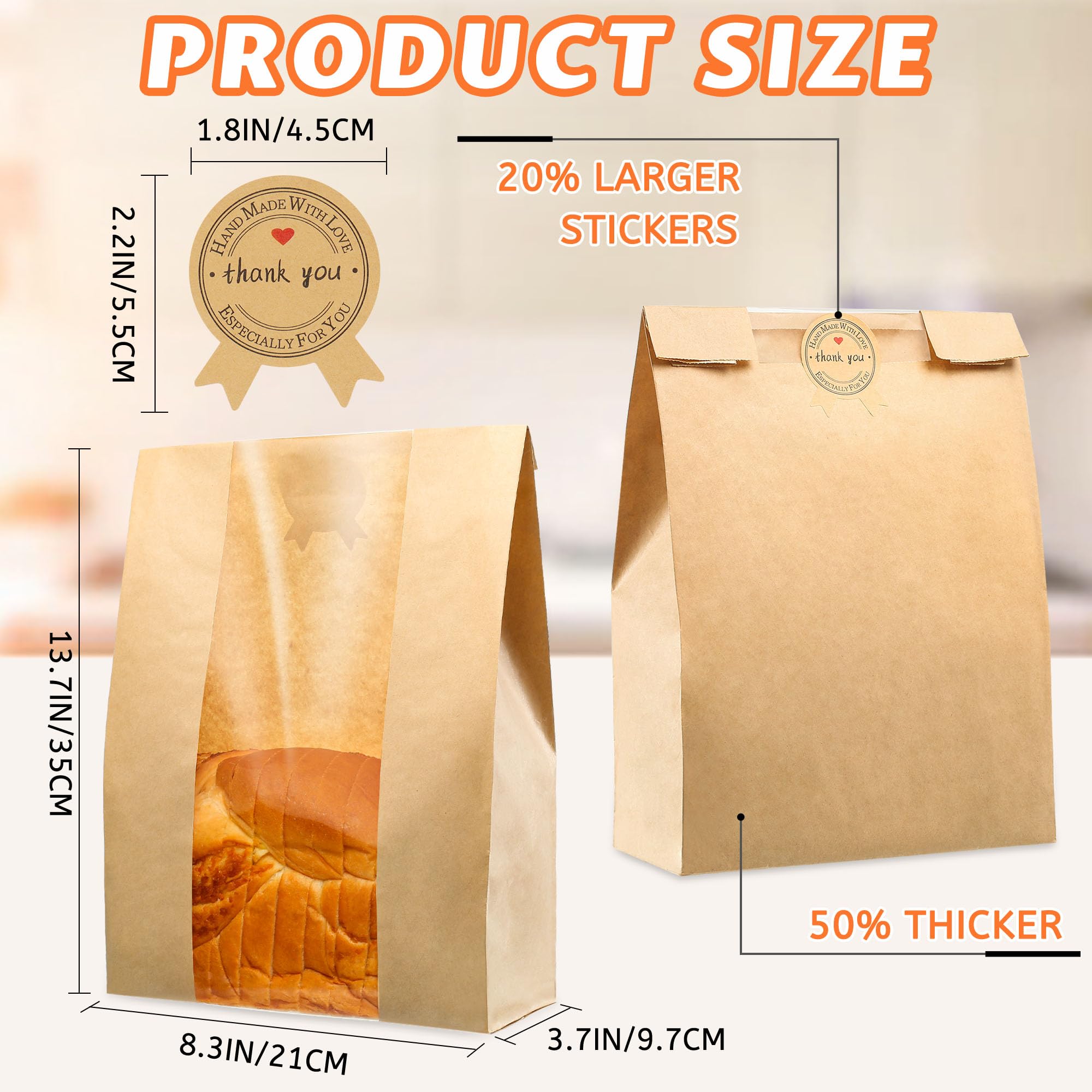 AZLTC 25 Pcs Brown Paper Bread Bags with Window, 50% Thicker, 13.7x8.3x3.7in, Disposable, Paper with Plastic Window, Perfect for Homemade Bread, Sourdough, Sandwiches & Snacks