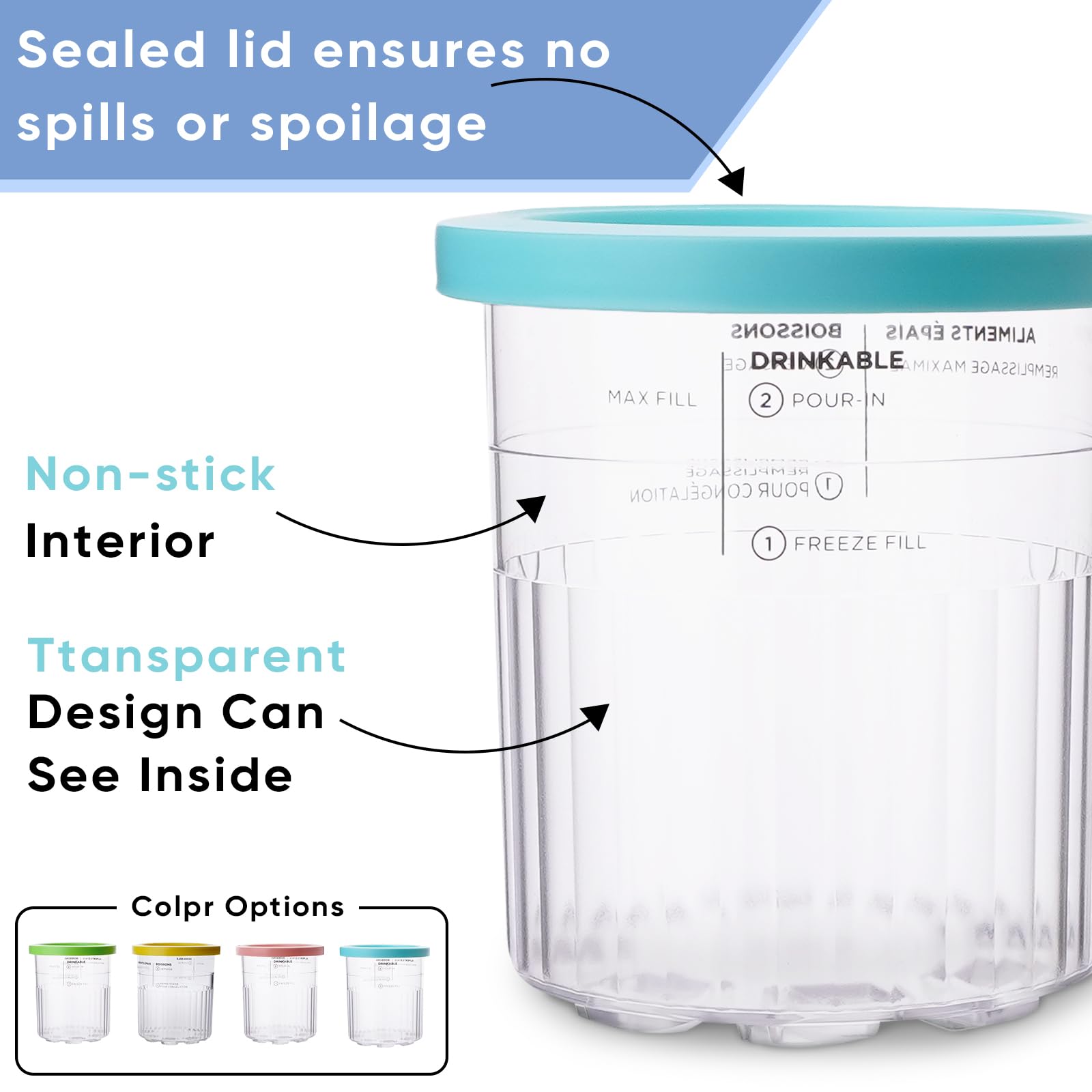 Containers Replacement for Ninja Creami Pints and Lids 4 Pack, Ninja Creami Deluxe NC501 NC500 Series Ice Cream Makers Containers, Reusable Creami Pint Containers with Leak Proof Lids, Dishwasher Safe
