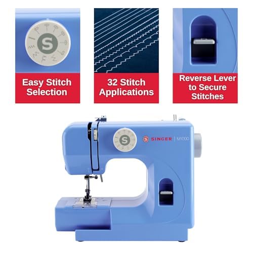 SINGER M1000 Lightweight & Portable Sewing Machine With 32 Stitch Applications, LED Light & Top drop-in bobbin for Hems | Great for Mending - Blue