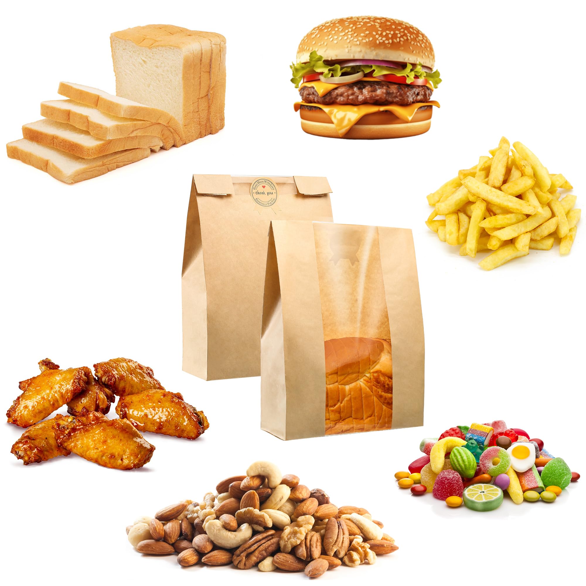 AZLTC 25 Pcs Brown Paper Bread Bags with Window, 50% Thicker, 13.7x8.3x3.7in, Disposable, Paper with Plastic Window, Perfect for Homemade Bread, Sourdough, Sandwiches & Snacks