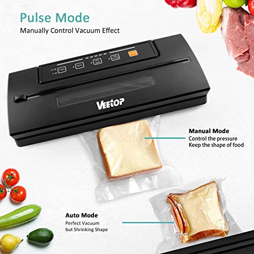 Vacuum Sealer Machine, Veetop Automatic Vacuum Food Sealer with Starter Kit, Dry Moist Pulse Mode Food Storage Machine with Build-in Cutter, Includes 1 Vacuum Roll (8*80”) & 10 Vacuum Seal Bags & 1 Air Suction Hose