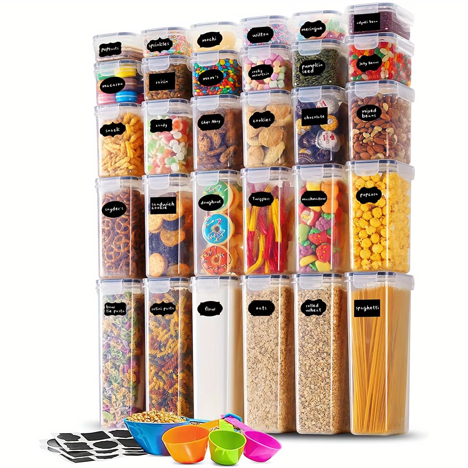 30 Pack Airtight Food Storage Containers for Kitchen Pantry Organizers and Storage, Plastic Kitchen Storage Canisters with Lids,Cereal, Flour & Sugar Containers - Labels, 6 Spoon & Marker