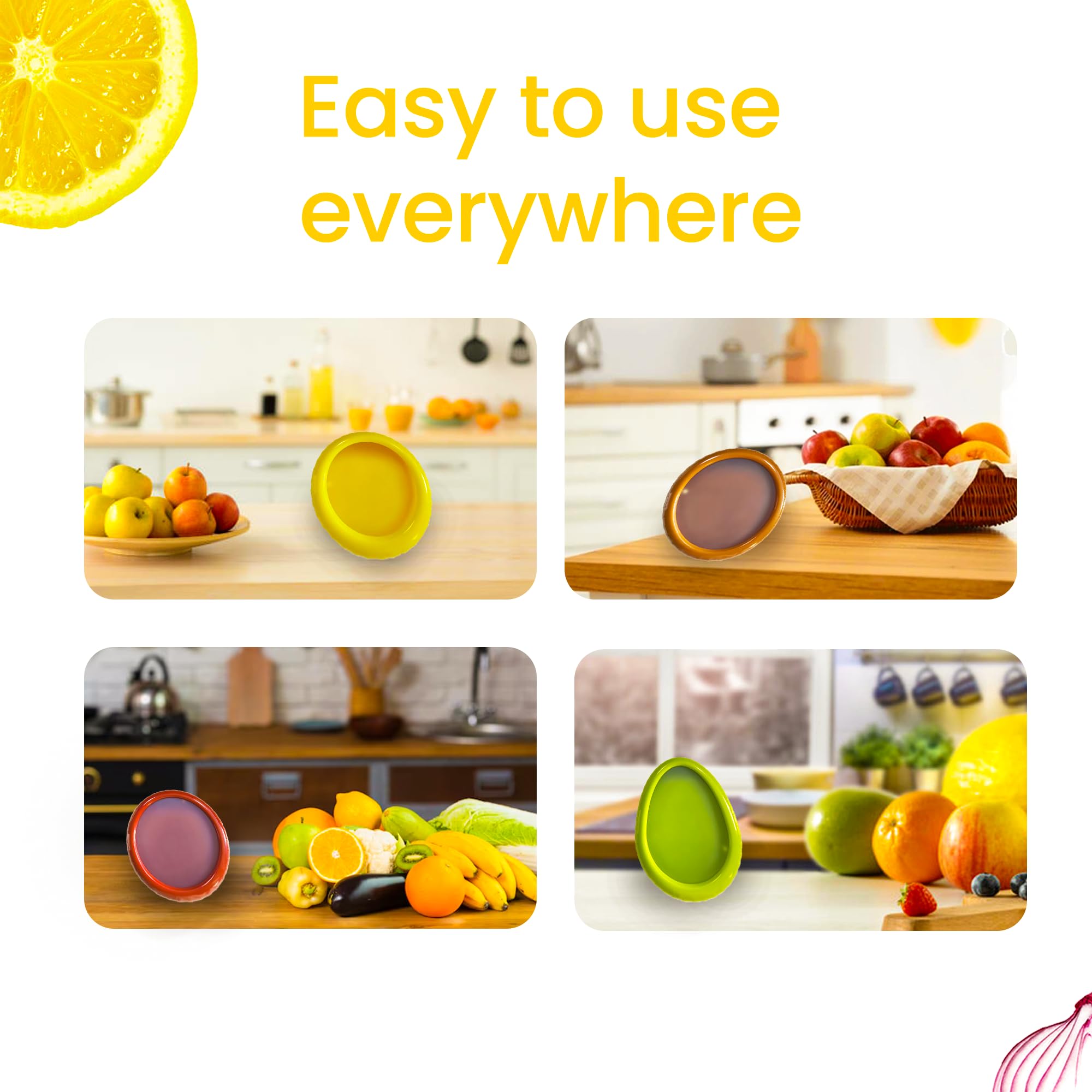 Velvet Vista 4PCS Silcone Food Container For Avacado Onion Lemon Tomato & More Preserve your Food And Vegetables in our Silicon Stretch Pod