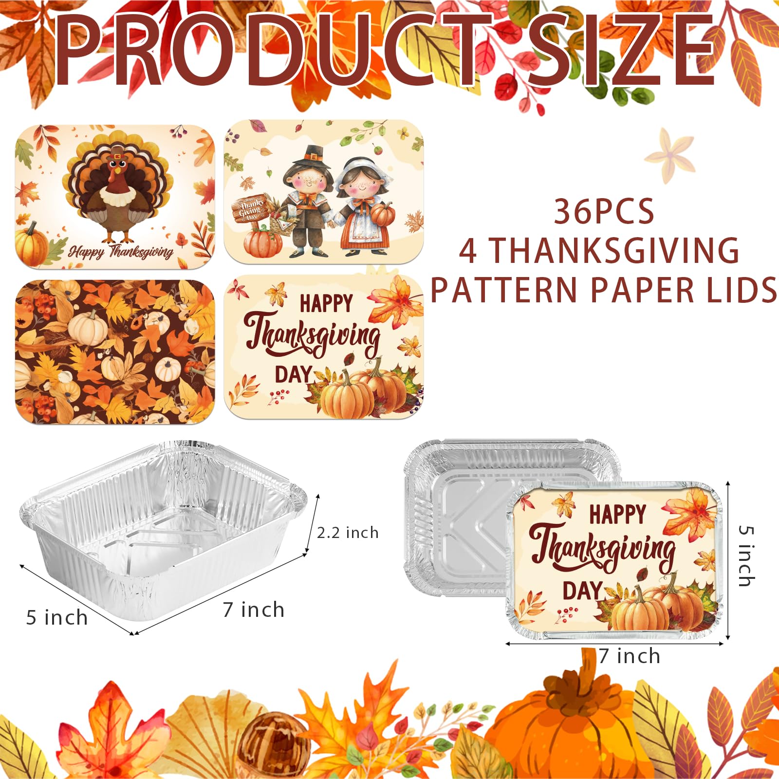 36Pcs Thanksgiving Tin Foil Containers with Lids Disposable Aluminum Thanksgiving Leftover Containers with Lids Thanksgiving Foil Food Pan