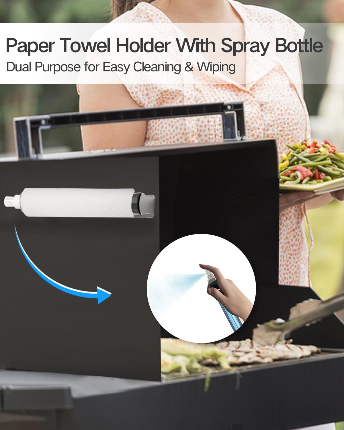 Magnetic Paper Towel Holder,Paper Towel Holder with Spray Bottle,Paper Towel Holder Under Cabinet with Strong Magnetic Backing and Self-Adhesive for Kitchen Refrigerator Grill RV