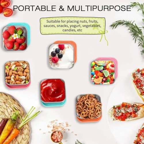 Reusable Snack Container, Stainless Steel Sauce Containers, Small Stainless Steel Sauce Cups With Leakproof Silicone Lids, Kids Lunch Box Containers, for Picnics and Travel And Kitchen Storage (Blue)