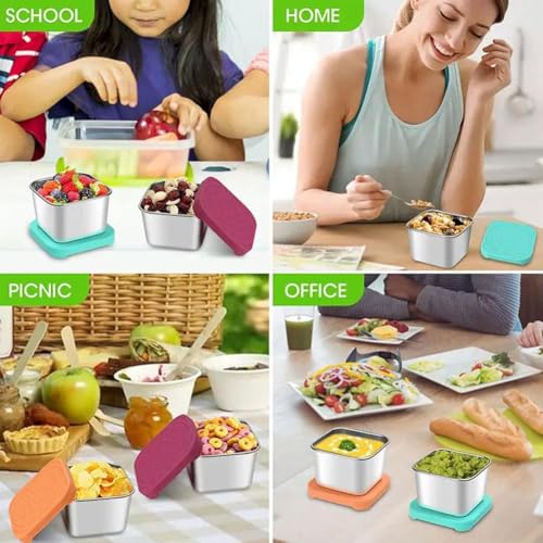 Reusable Snack Container, Stainless Steel Sauce Containers, Small Stainless Steel Sauce Cups With Leakproof Silicone Lids, Kids Lunch Box Containers, for Picnics and Travel And Kitchen Storage (Blue)