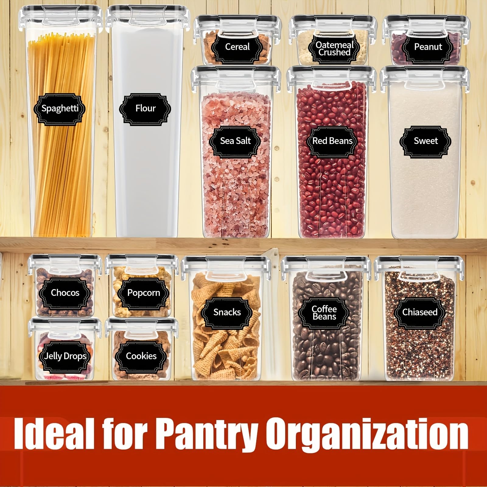 30 Pack Airtight Food Storage Containers for Kitchen Pantry Organizers and Storage, Plastic Kitchen Storage Canisters with Lids,Cereal, Flour & Sugar Containers - Labels, 6 Spoon & Marker