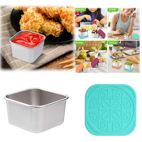 Reusable Snack Container, Stainless Steel Sauce Containers, Small Stainless Steel Sauce Cups With Leakproof Silicone Lids, Kids Lunch Box Containers, for Picnics and Travel And Kitchen Storage (Blue)