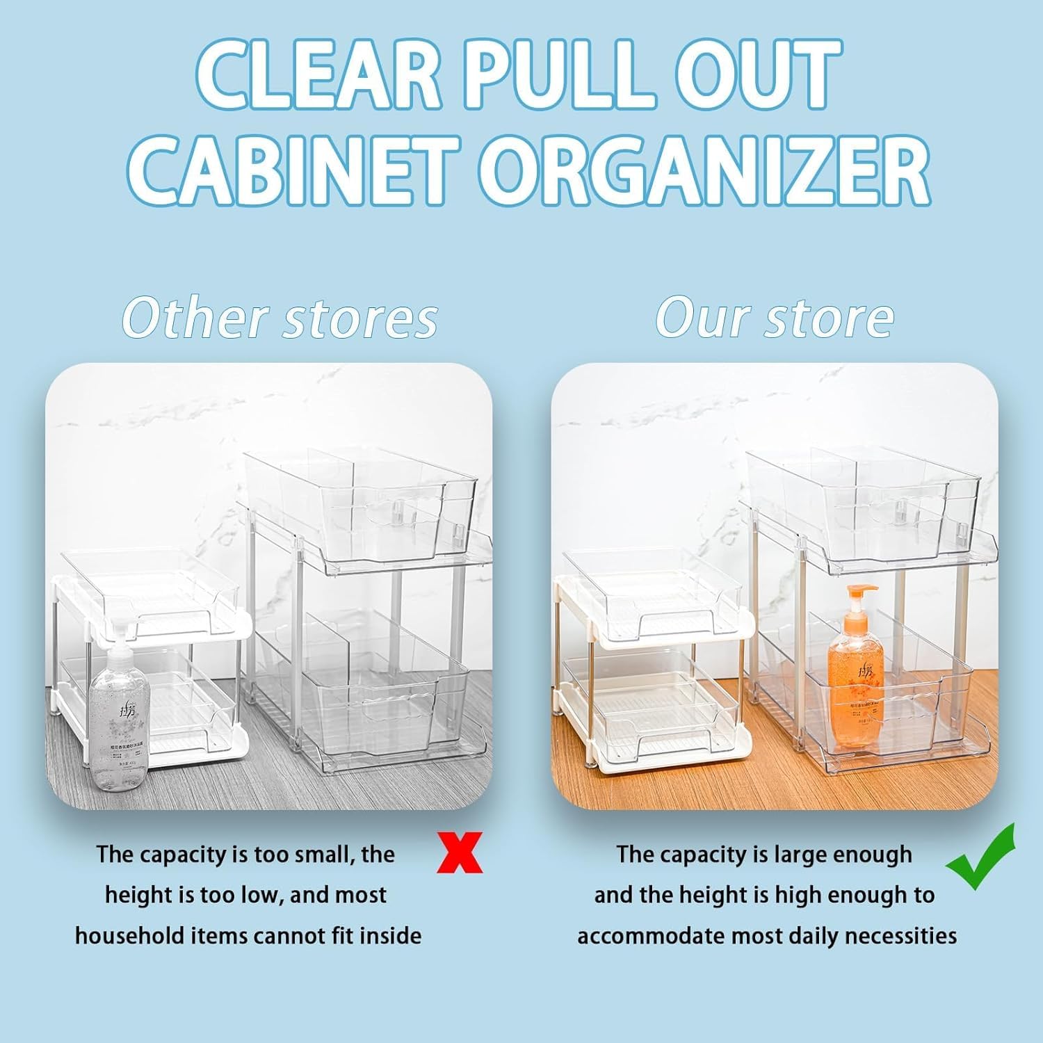 2 Sets Large Capacity Under Sink Organizers And Storage,Multi-Purpose 2 Tier 9.6"Tall Under Bathroom Sink Organizer and Under Cabinet Storage,Clear Pull Out Medicine Cabinet Organizer With 8 Dividers
