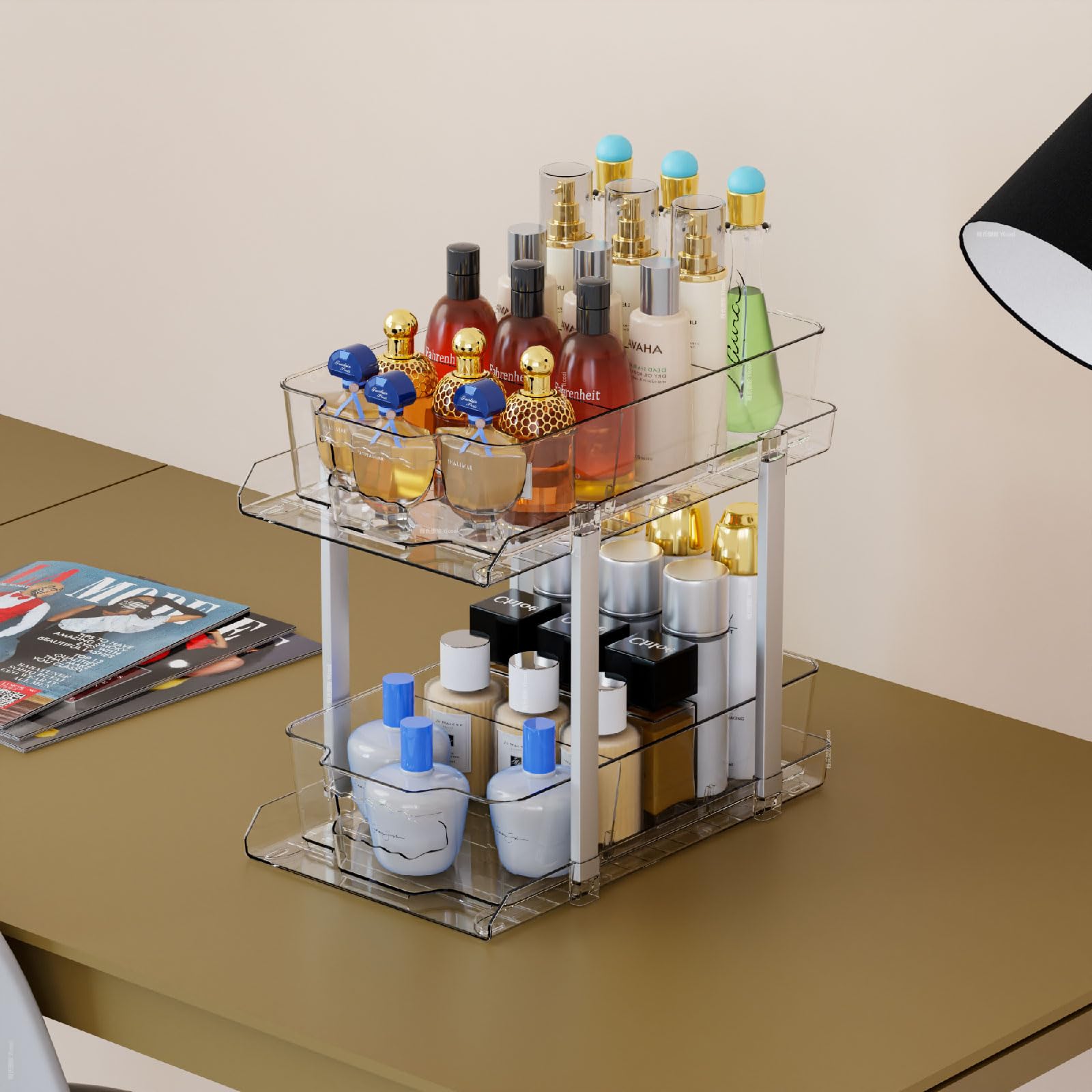 2 Sets Large Capacity Under Sink Organizers And Storage,Multi-Purpose 2 Tier 9.6"Tall Under Bathroom Sink Organizer and Under Cabinet Storage,Clear Pull Out Medicine Cabinet Organizer With 8 Dividers