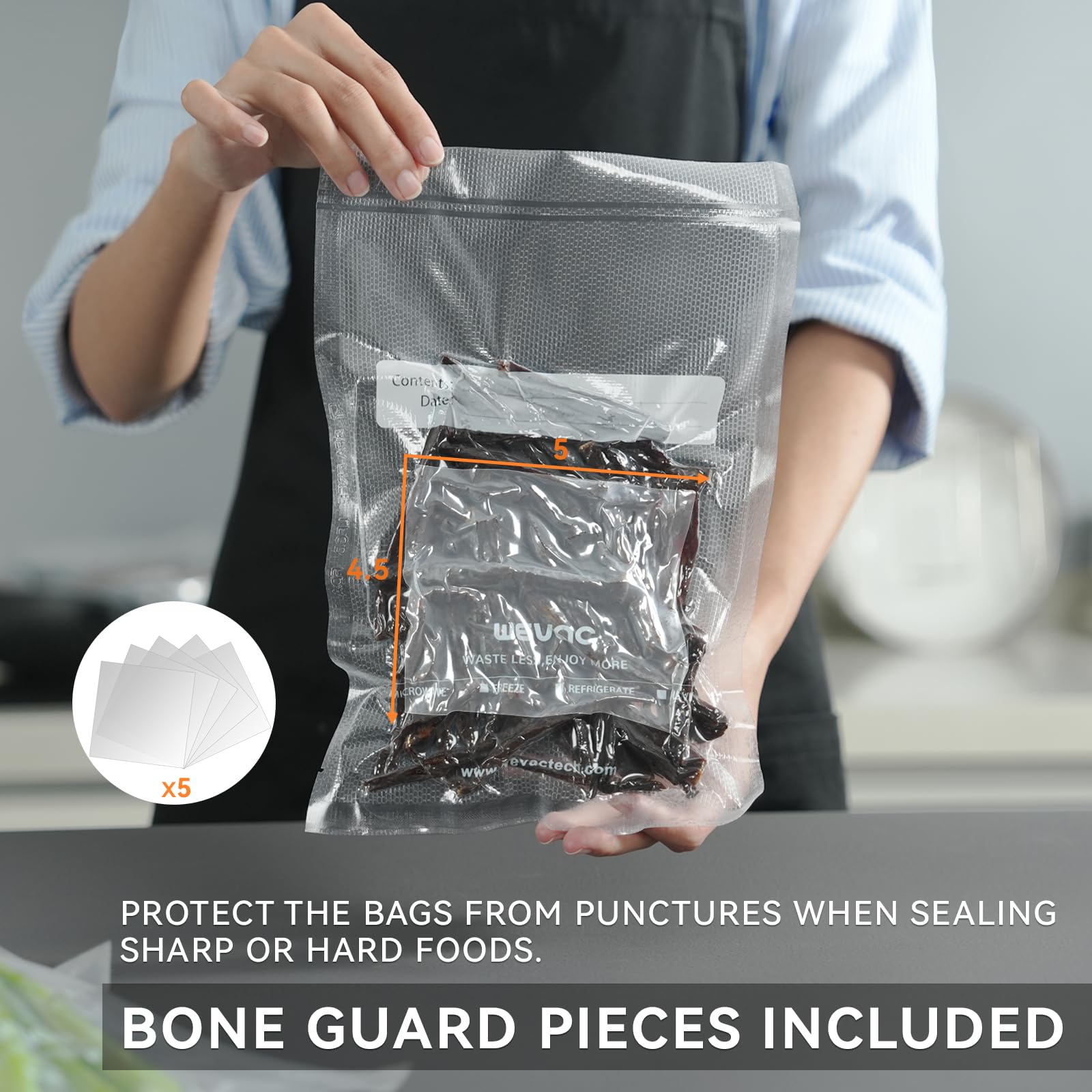 6" x 10" Precut Vacuum Sealer Bags, 200 Count, Includes 5 Liquid Block Bags & 5 Bone Guard Pieces, Heavy Duty for Food Storage, Sous Vide & Meal Prep, Wevac