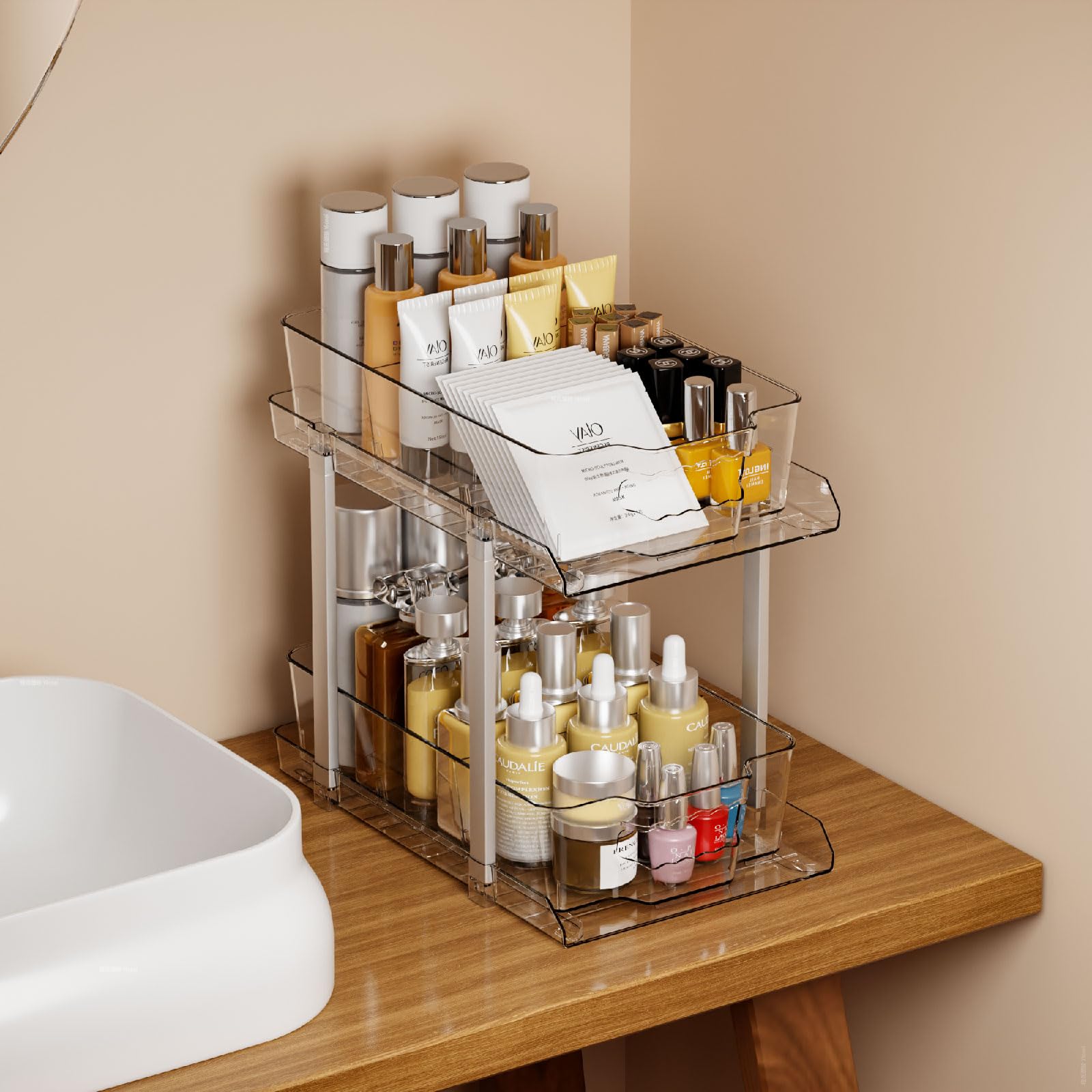2 Sets Large Capacity Under Sink Organizers And Storage,Multi-Purpose 2 Tier 9.6"Tall Under Bathroom Sink Organizer and Under Cabinet Storage,Clear Pull Out Medicine Cabinet Organizer With 8 Dividers