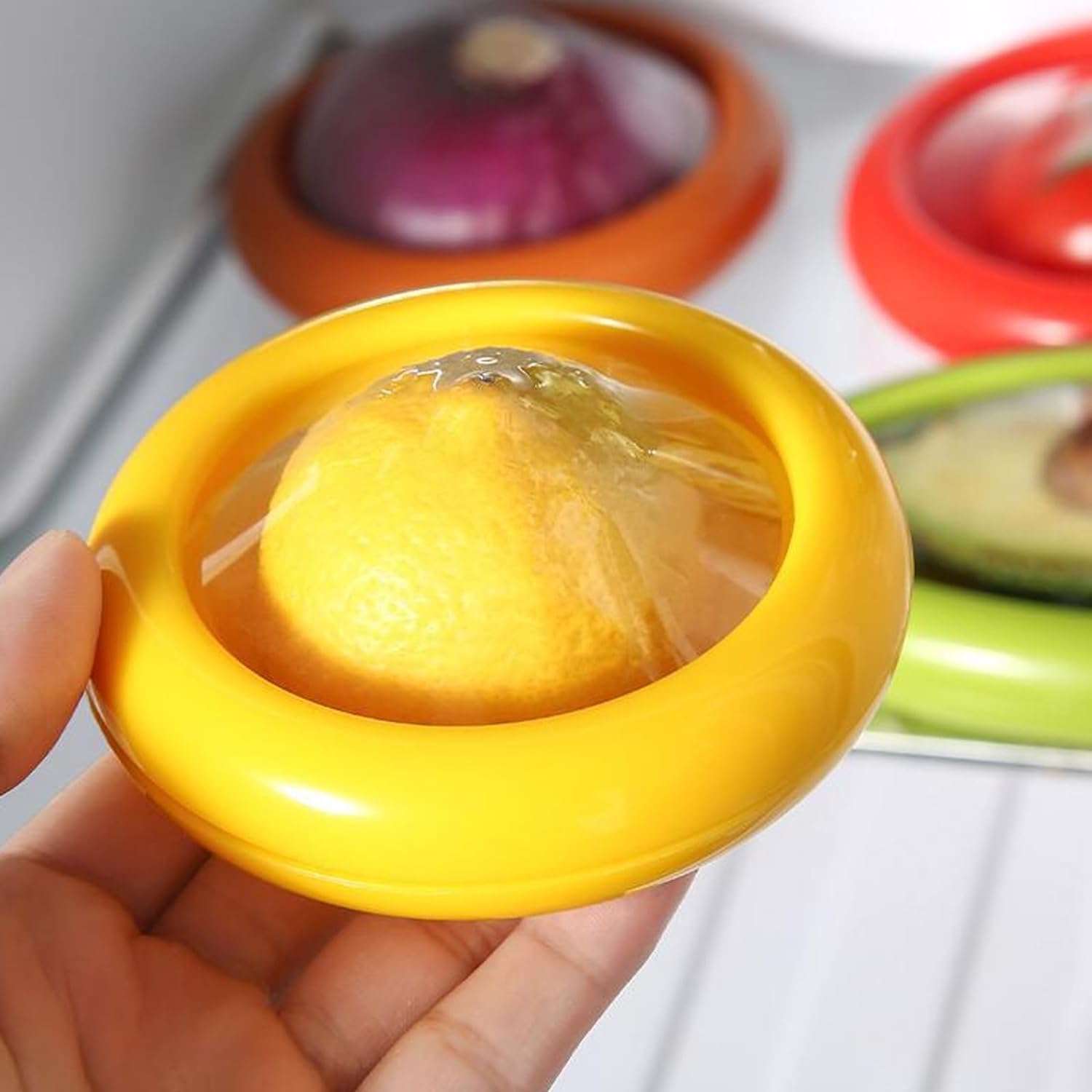 Growlove 4PC Silicone Fruit and Vegetable Storage Containers Set for Fridge Avocado Saver and Tomato Holder for Fresh Produce Preservation Ideal for Garlic, Onions, Lemons