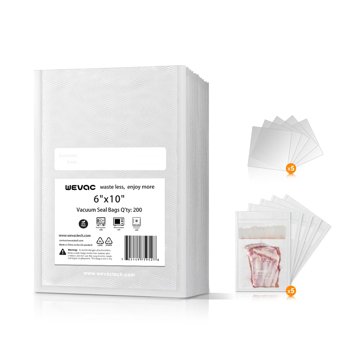 6" x 10" Precut Vacuum Sealer Bags, 200 Count, Includes 5 Liquid Block Bags & 5 Bone Guard Pieces, Heavy Duty for Food Storage, Sous Vide & Meal Prep, Wevac
