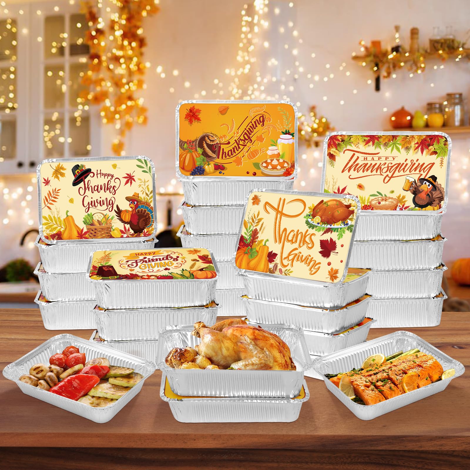 40 PCS Thanksgiving Leftover Containers with Lids,8 Designs Thanksgiving Aluminum To Go Containers Disposable Food Storage Pans for Thanksgiving Hosting & Cookie Exchange Thanksgiving Party Supplies