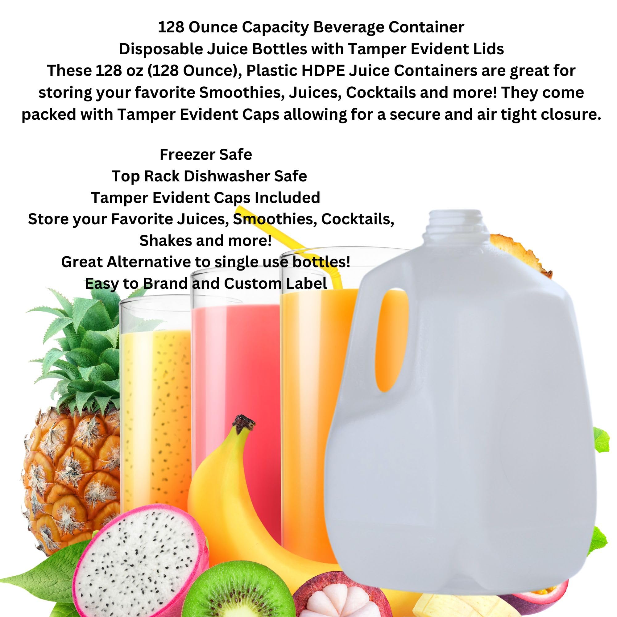 (4 PACK) 128 Oz Empty Plastic Gallon Juice Bottles with Tamper Evident WHITE Caps - Smoothie Bottles - Ideal for Juices, Milk, Smoothies, Picnic's and Even Meal Prep - Made in USA