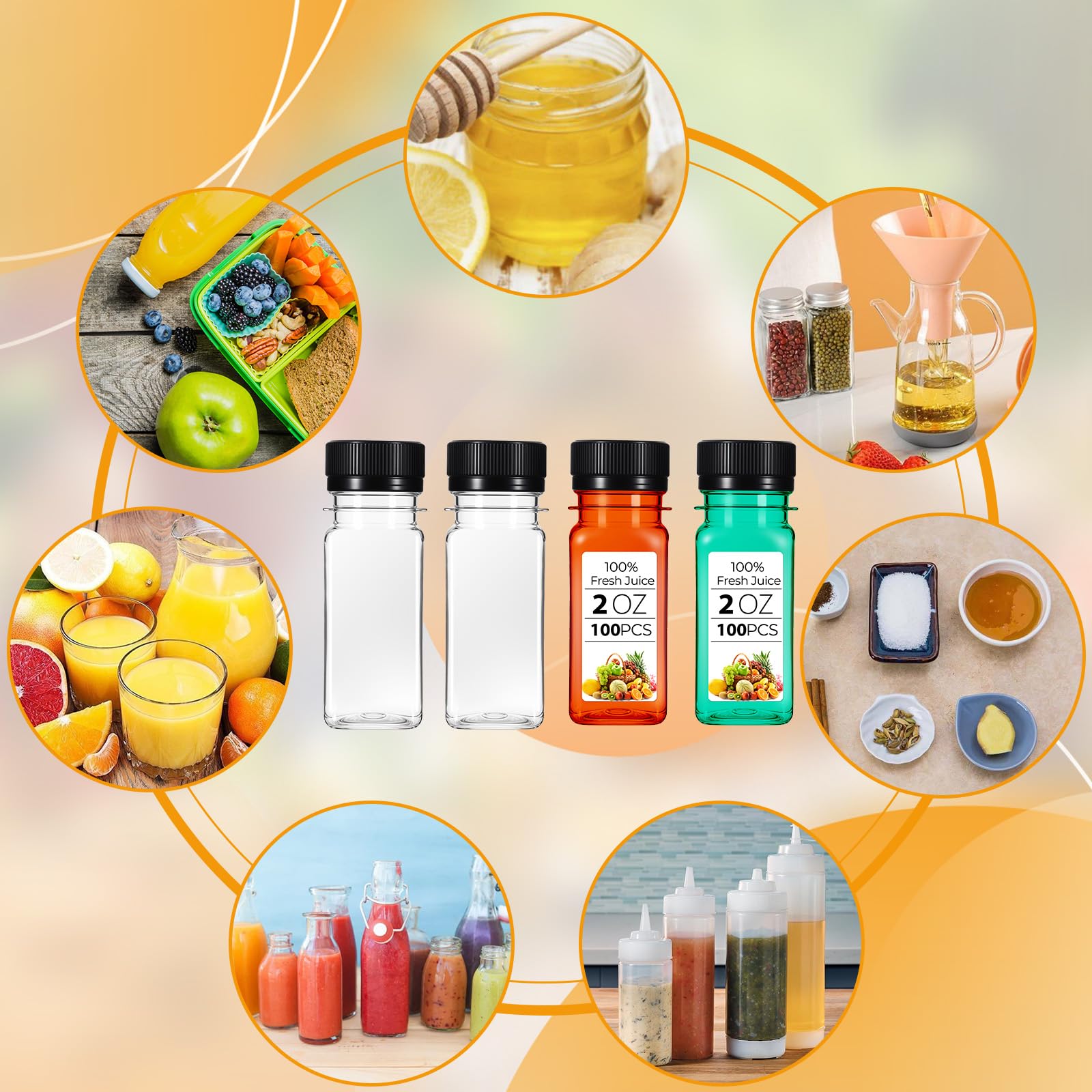 50 Pcs 2oz Clear Plastic Bottles, Mini Juice Bottle with Black Screw Lid, Juice Bottles Empty Reusable Liquid Vial Freezer Safe Drinking Beverage Container Leak Proof for Juice Milk Water Beverages