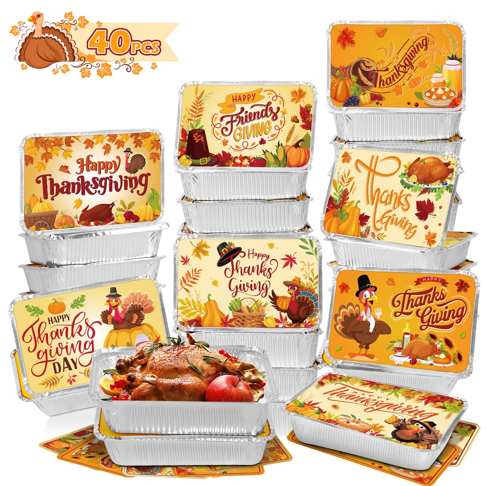 40 PCS Thanksgiving Leftover Containers with Lids,8 Designs Thanksgiving Aluminum To Go Containers Disposable Food Storage Pans for Thanksgiving Hosting & Cookie Exchange Thanksgiving Party Supplies