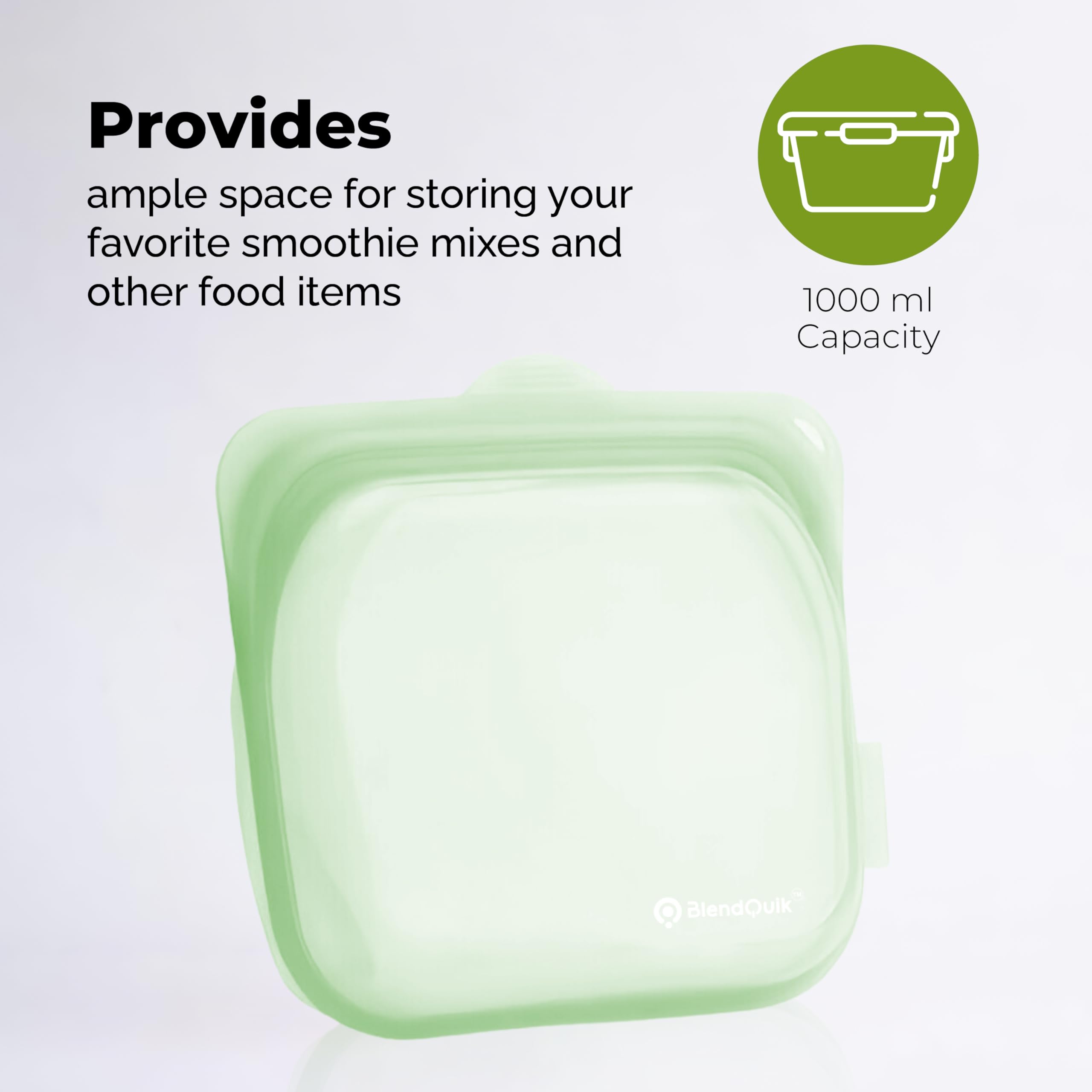 BlendQuik, Reusable Silicone Food Storage Bags, 1000 ml Capacity, Leak Proof Freezer Silicone Bags, Easy To Clean Reusable Travel Bag, Green
