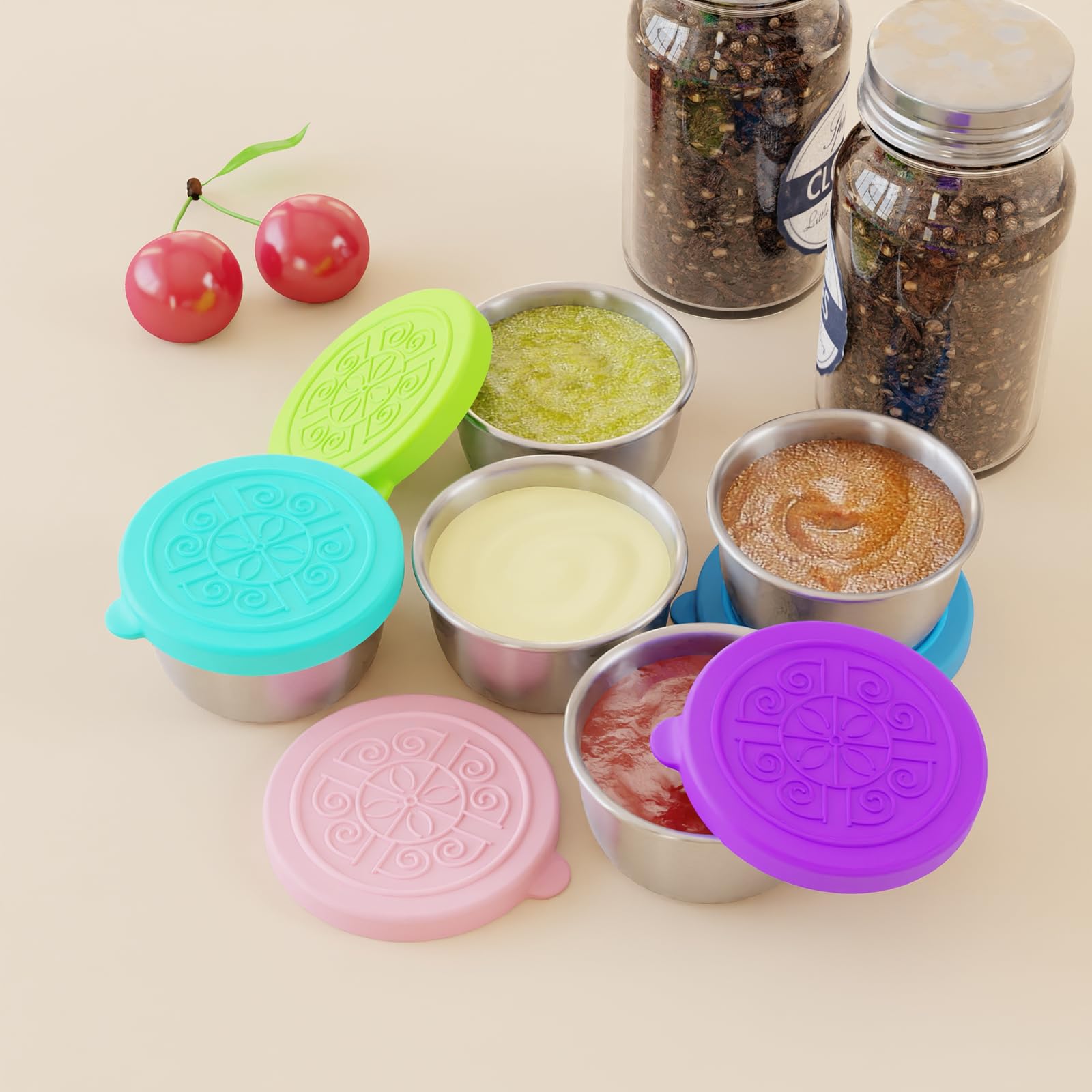 6 PCS 1.6 oz Salad Dressing Container To Go, 304 Stainless Steel Small Condiment Containers with Lids, Leak Proof, Mini Dipping Sauce Cup Set for Lunch Box (Mix Color)