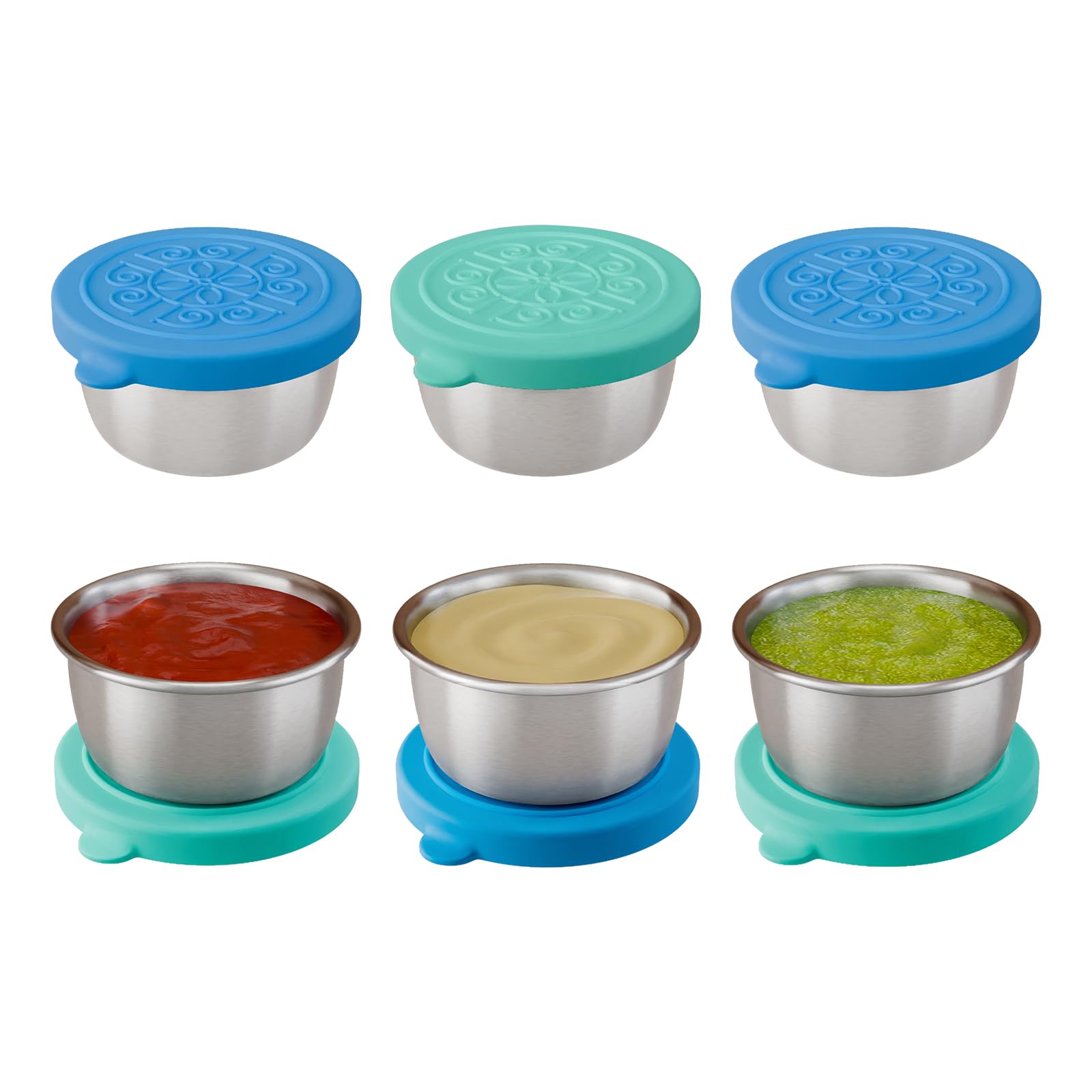 6 PCS 1.6 oz Salad Dressing Container To Go, 304 Stainless Steel Small Condiment Containers with Lids, Leak Proof, Mini Dipping Sauce Cup Set for Lunch Box (Mix Color)