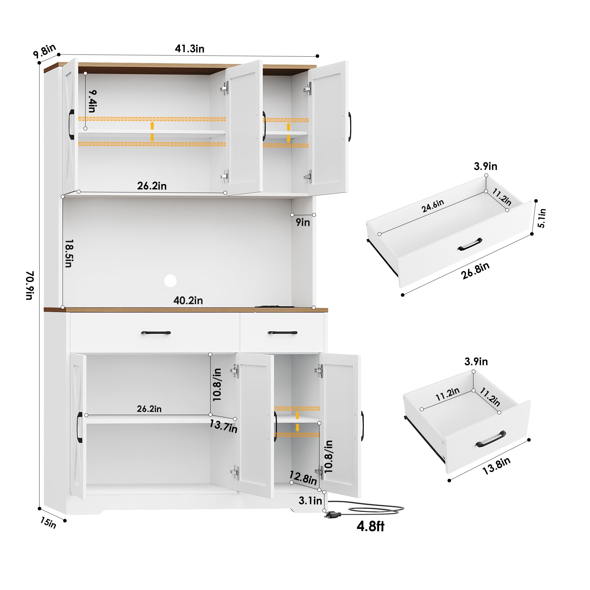 HOSTACK 71" Pantry Cabinet with Charging Station, Tall Kitchen Pantry Storage Cabinet with Microwave Stand, Farmhouse Kitchen Hutch Cabinet with Storage Drawers for Living Room, Dining Room, White