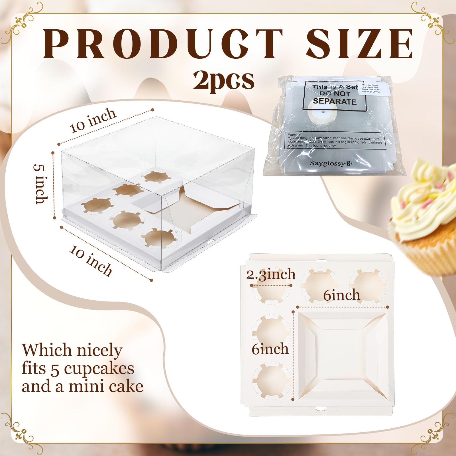 Sayglossy Bento Cake and Cupcake Box 1+5 Bento Boxes for Mother's Day Wedding Birthday Party Baby Shower Bakery Supplies(2 Pack,White)