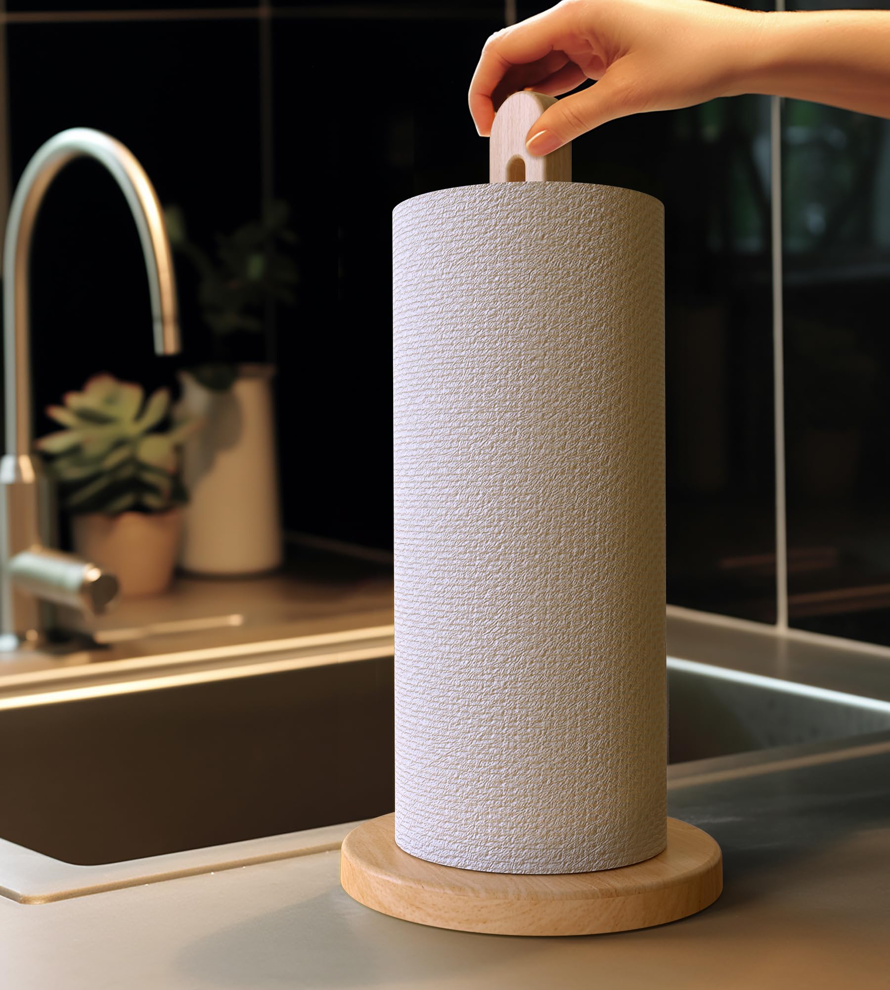KitchLife Wooden Paper Towel Holder Countertop, Fits Jumbo Roll - Solid Beechwood Paper Towel Dispenser Stand with Anti-Skid Base, 1 Pack