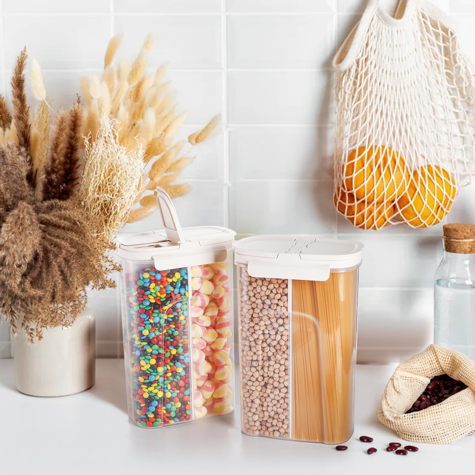 ZENFUN 2 Packs Airtight Pasta Containers, 108 FL OZ Plastic Storage Jars Canisters with 4 Compartments, Cereal Spaghetti Container Storage for Pantry, Grain, Noodles, Beans