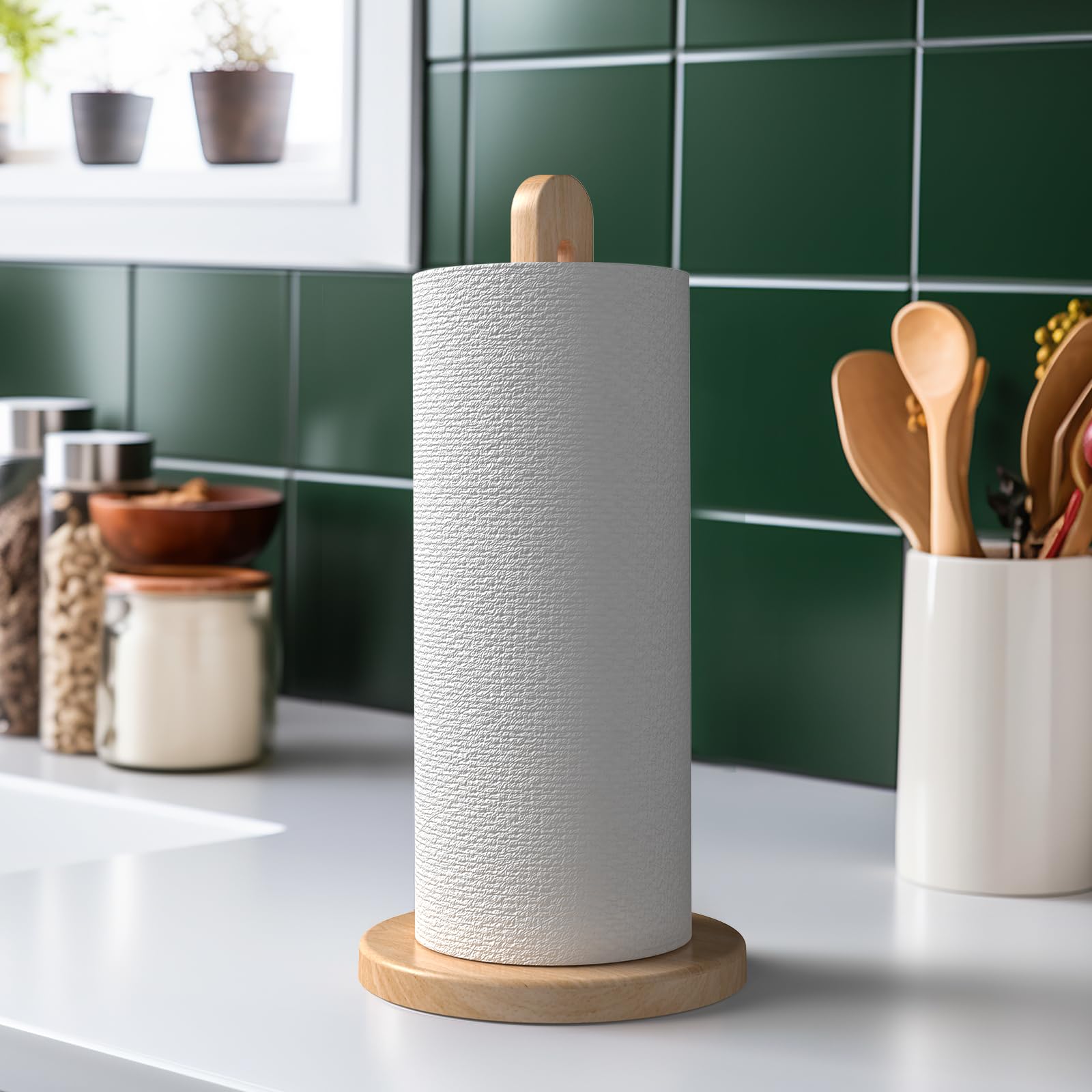 KitchLife Wooden Paper Towel Holder Countertop, Fits Jumbo Roll - Solid Beechwood Paper Towel Dispenser Stand with Anti-Skid Base, 1 Pack