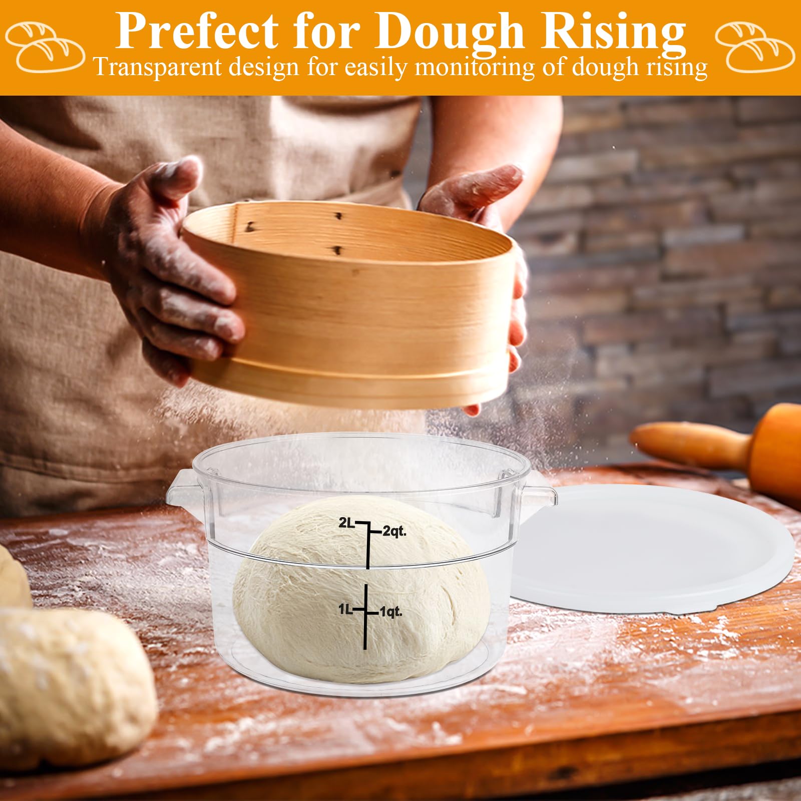 Milkary 4Pcs Food Storage Container with Lids, Clear Round Dough Proofing Container, Commercial Containers with Scales and Handles for Bread Dough Rise Fridge Kitchen Organization 2 Qt 4 Qt (White)